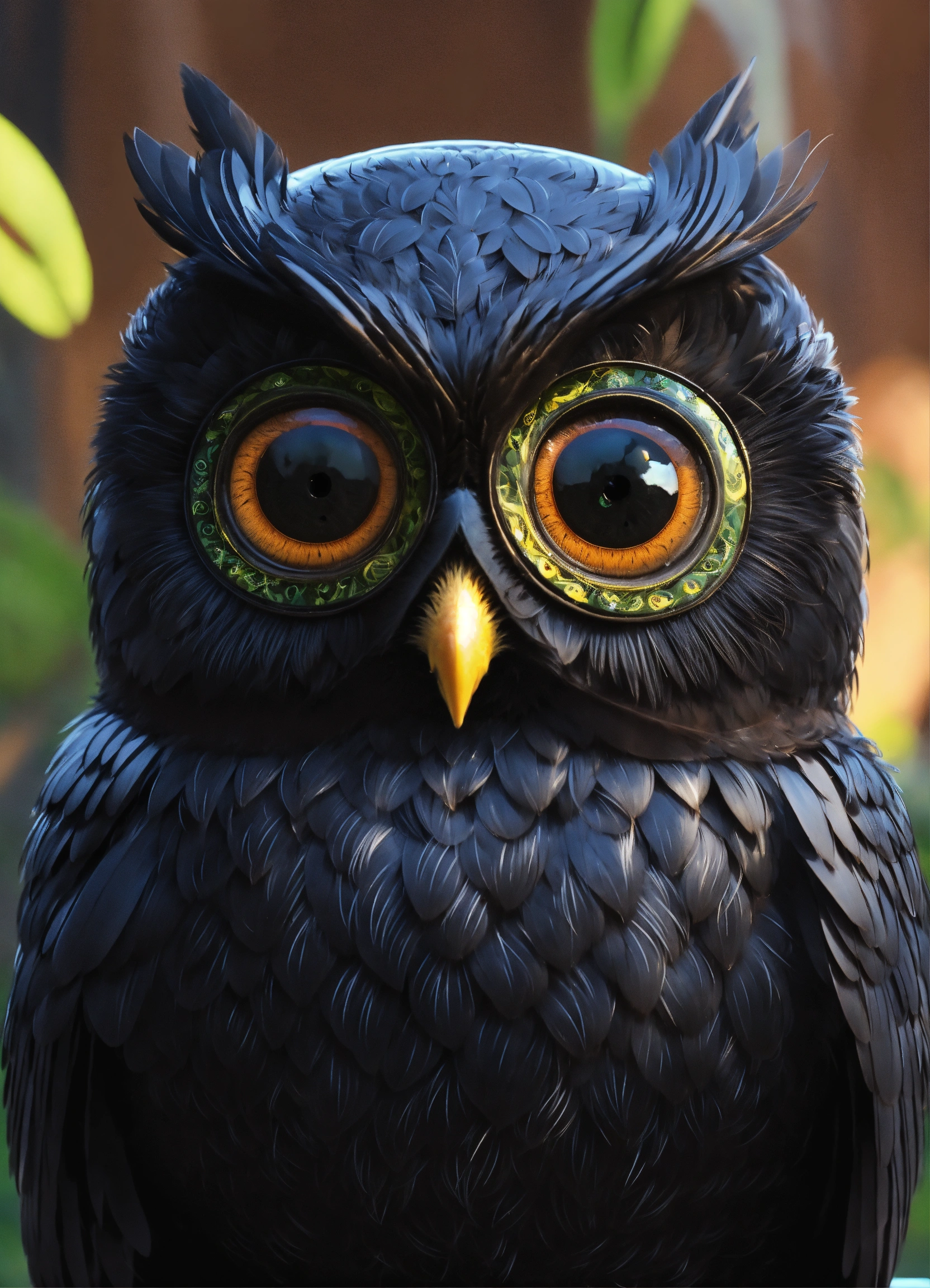 Lexica - A cue all black owl with big eyes, animated, cartoon, unreal.
