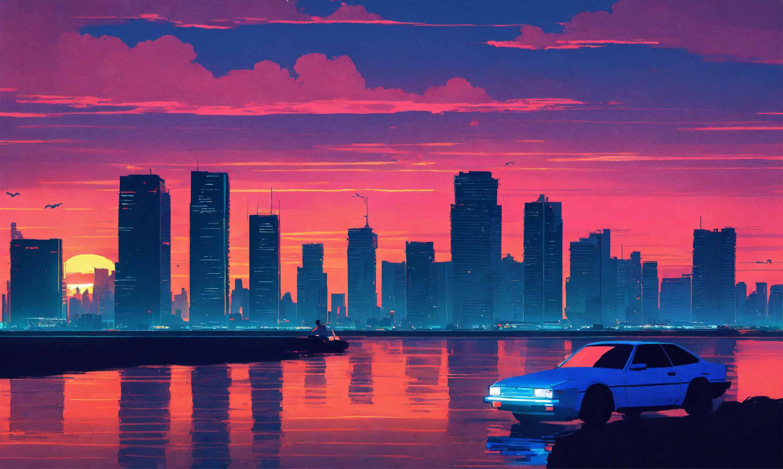 Lexica - Anime miami vice, lofi, sunset skyline, 2d, studio ghibli ...