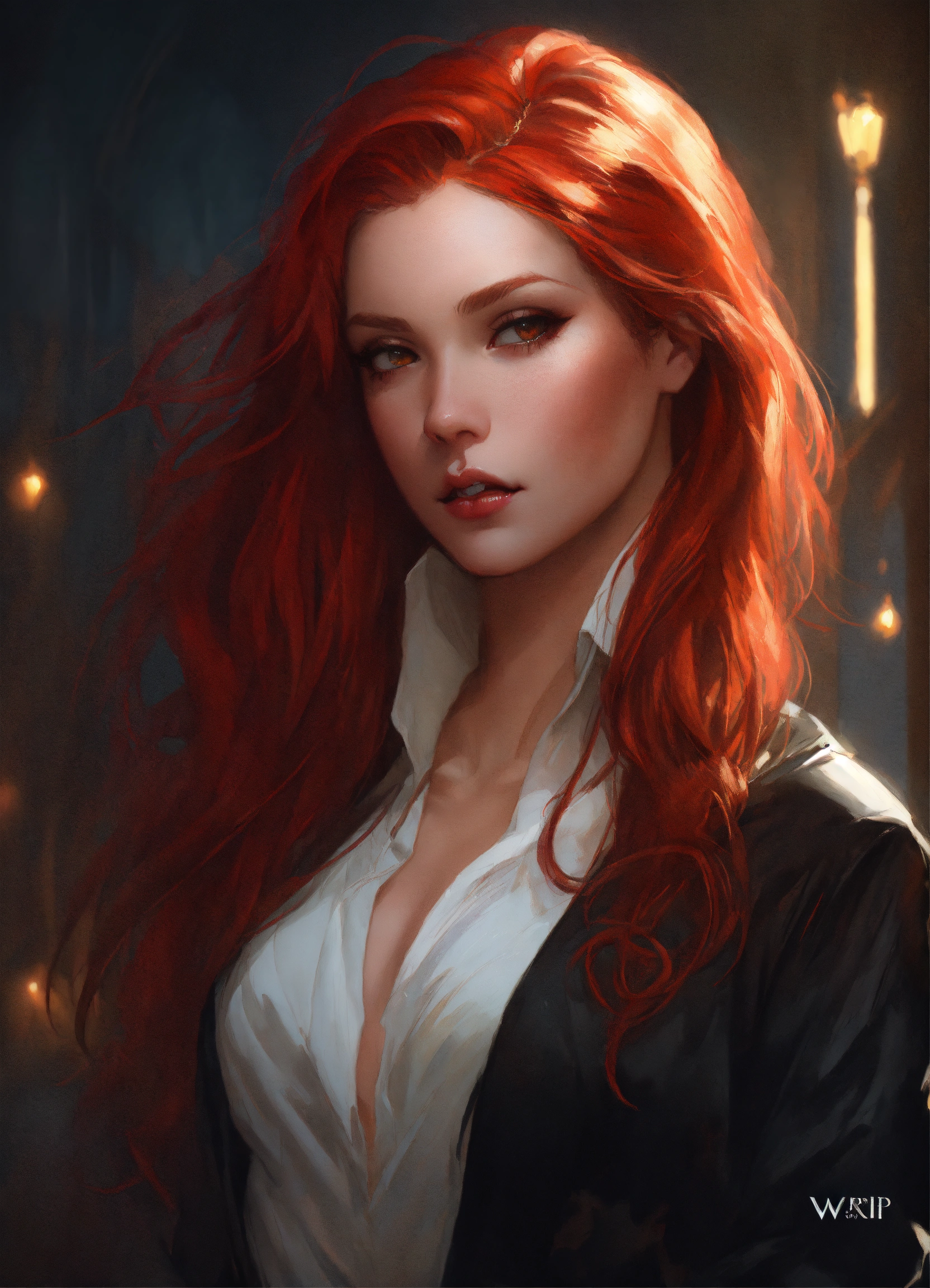 Lexica - Beautiful, red hair, vampire, long hair, black jacket, white ...