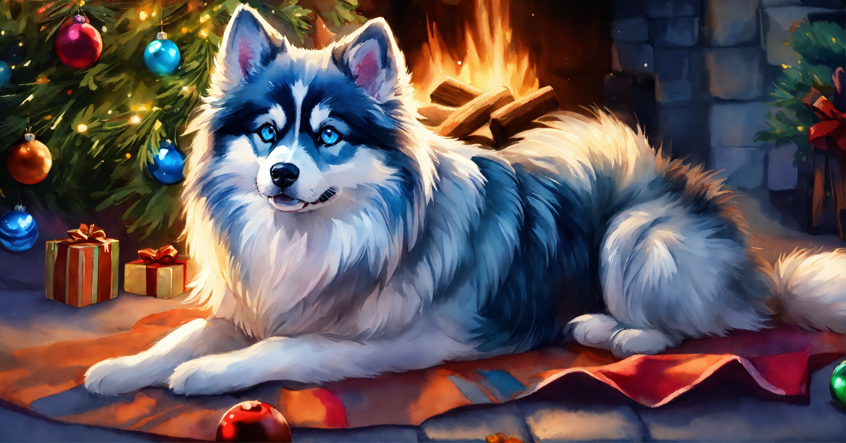 Lexica - A full body image of a pomsky with very long hair and blue ...