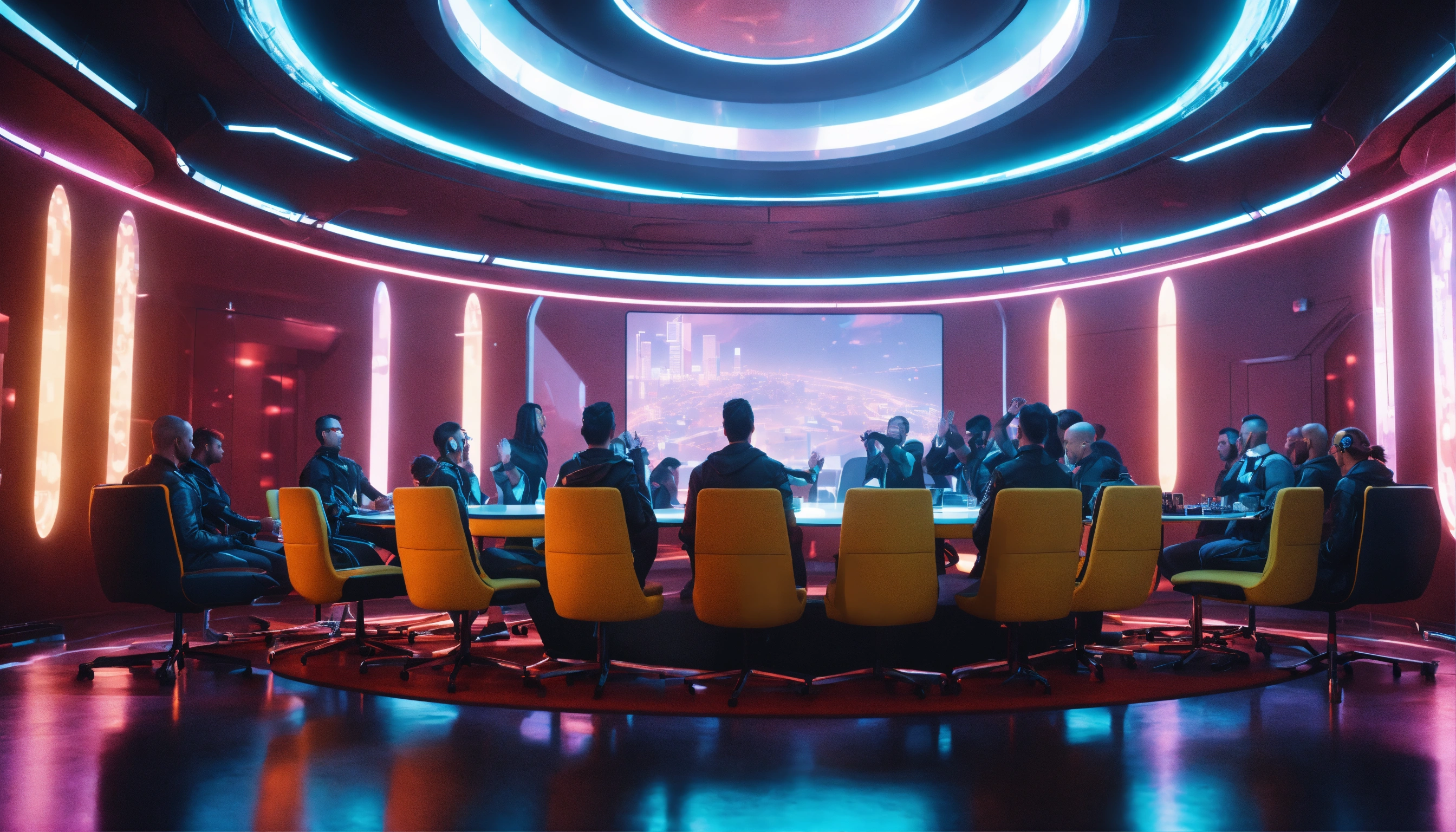 Lexica - Futuristic meeting room, people siting on chairs around the ...