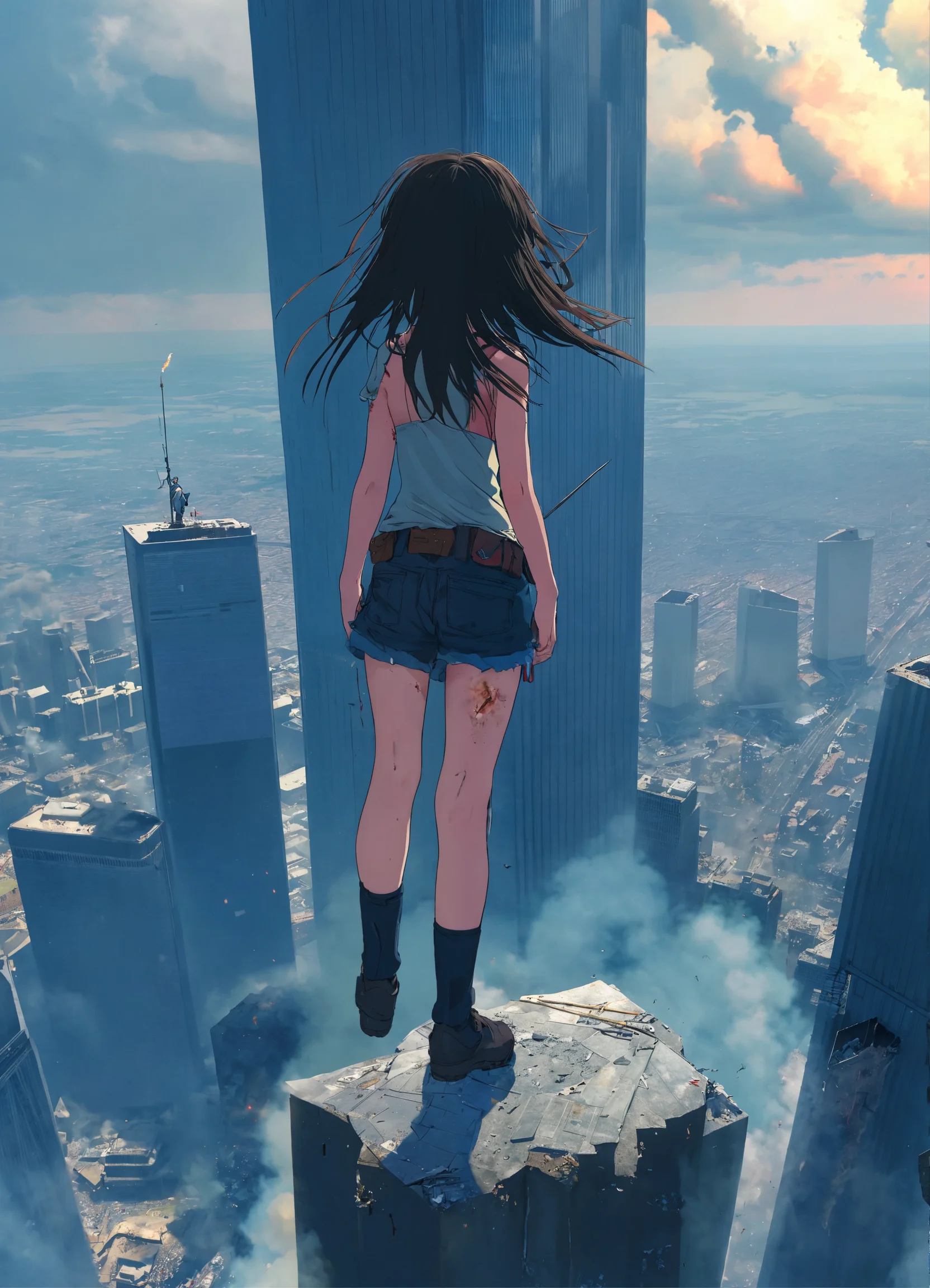 Lexica - An anime girl standing on top of the world trade centre north ...