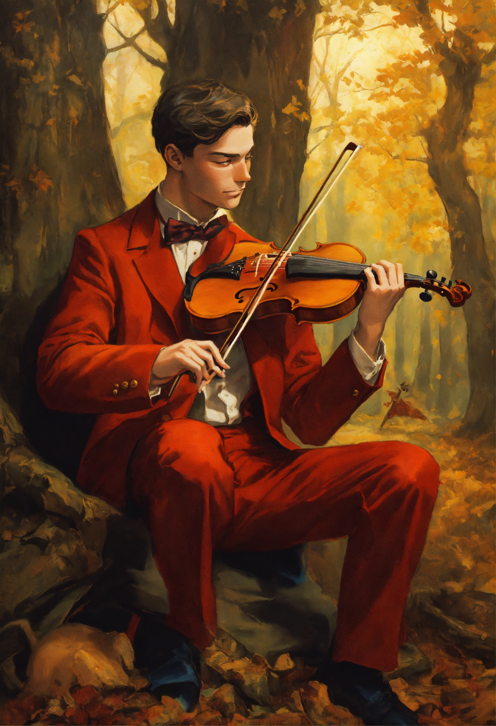 Lexica - A young man is rosining up his violin bow as the devil sits on ...