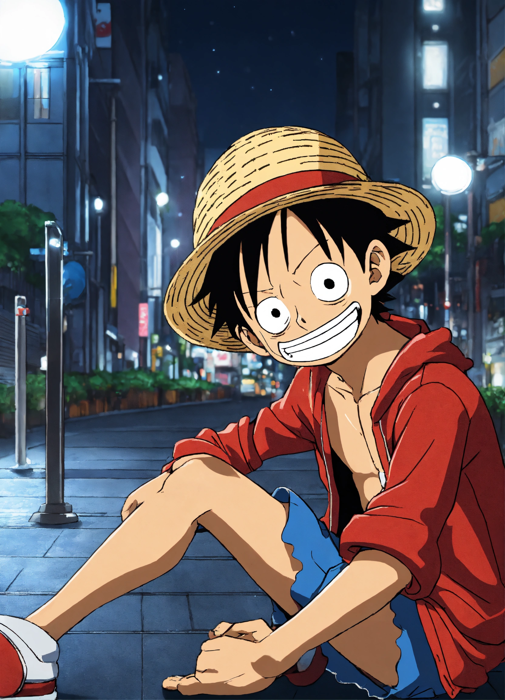 Lexica - Monkey D. Luffy sitting on the street under the spotlights in ...
