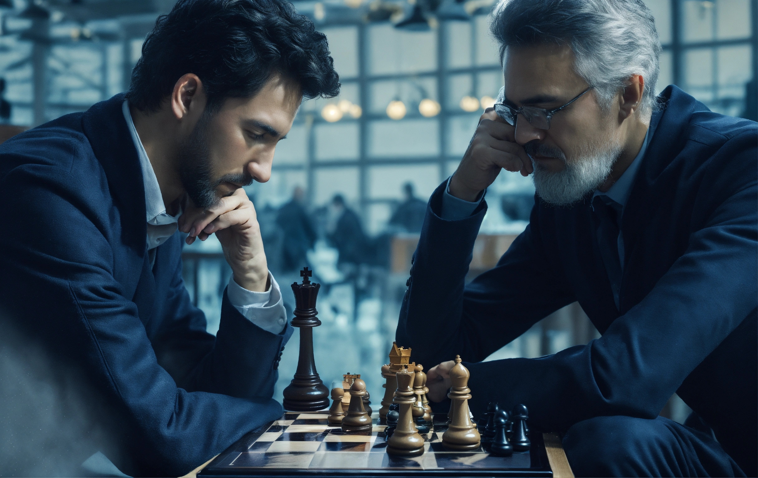 Lexica - Two masters are playing chess, with cold and advanced background
