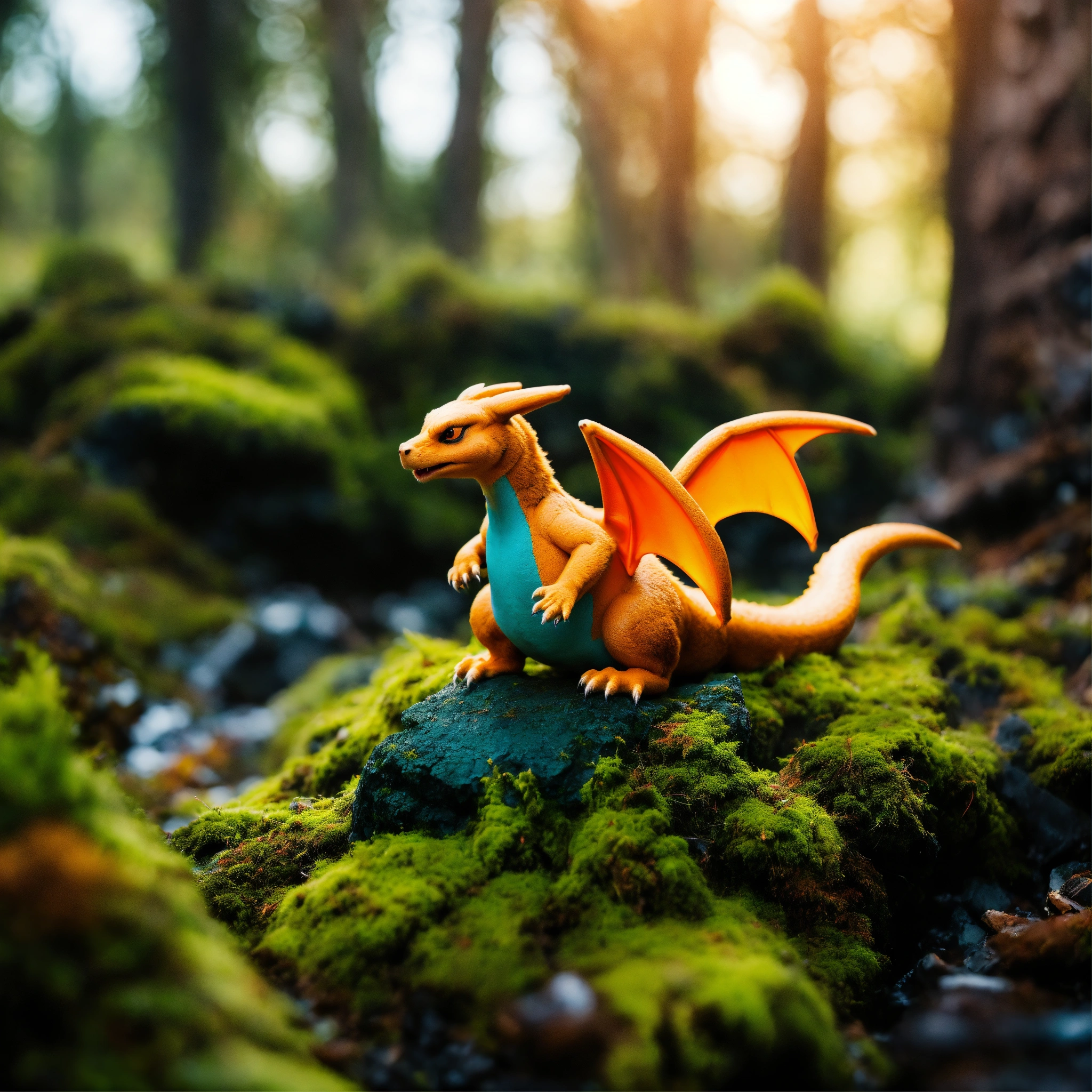 Lexica - A realistic charizard animal among the trees, forest lake ...