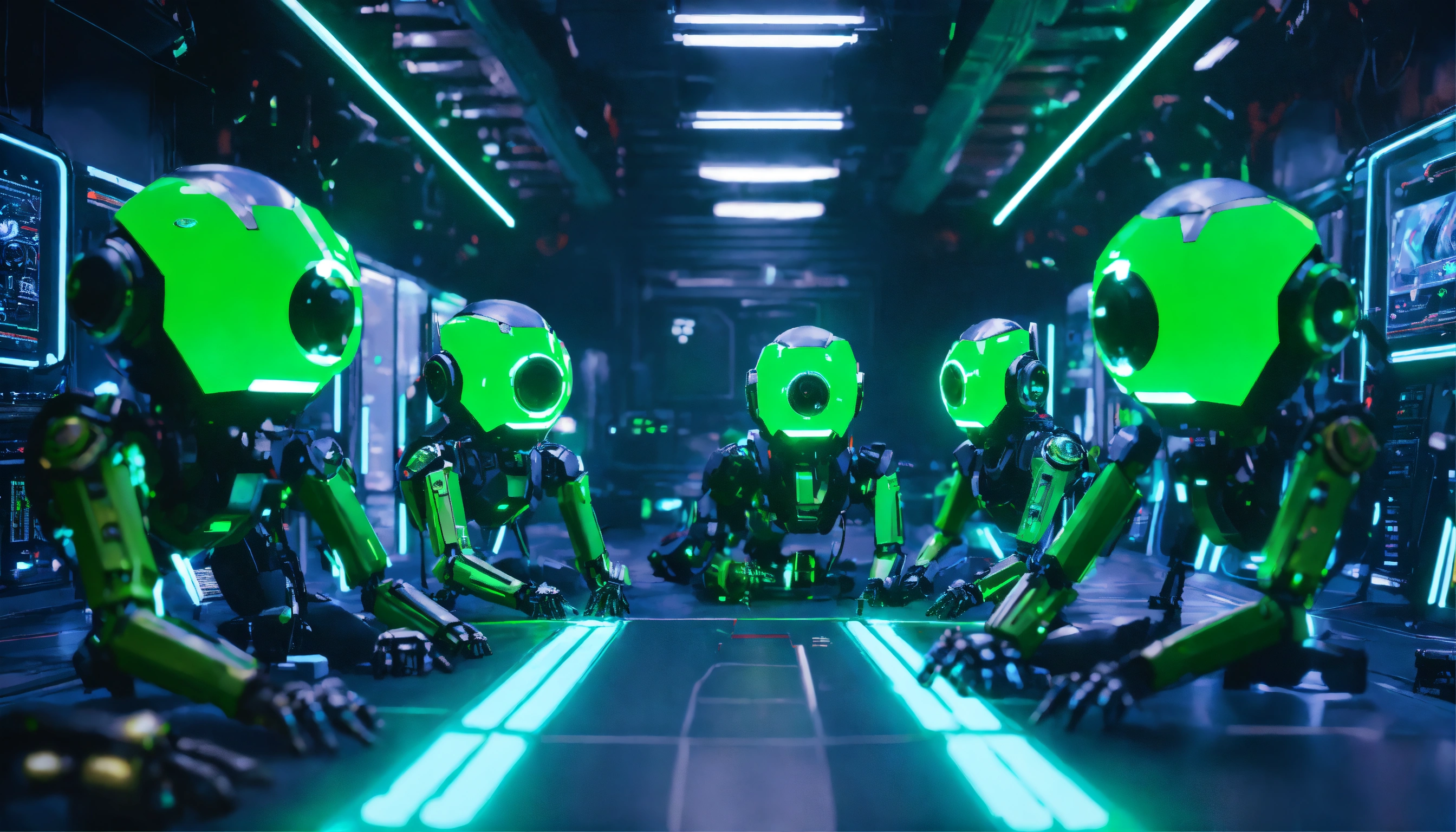 Lexica - Group of heavy green bug faced mechanized robots with glowing ...