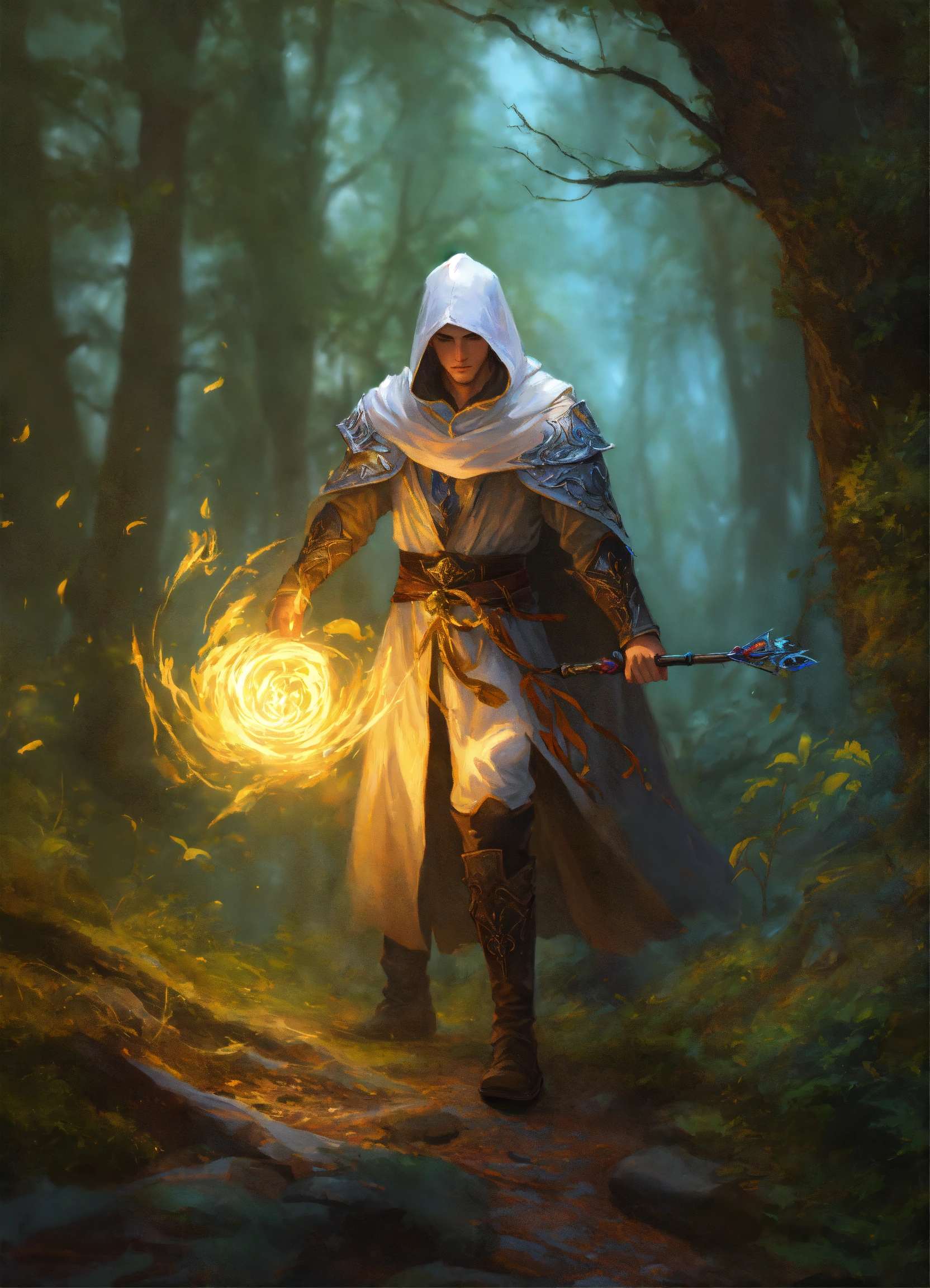 Lexica - Male warlock from the forest, fantasy painting, white combat ...