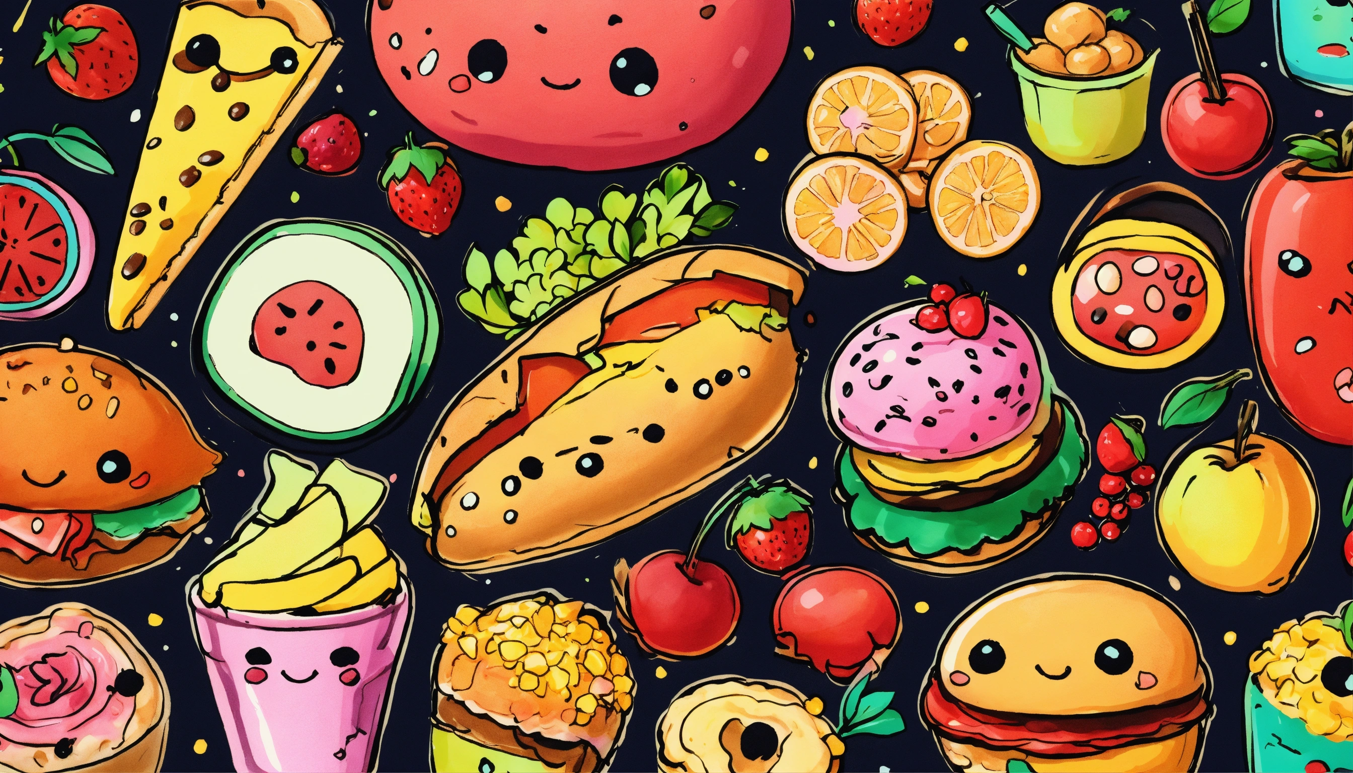 Lexica - Colorful, kawaii chibi food items on pale black paper, very ...