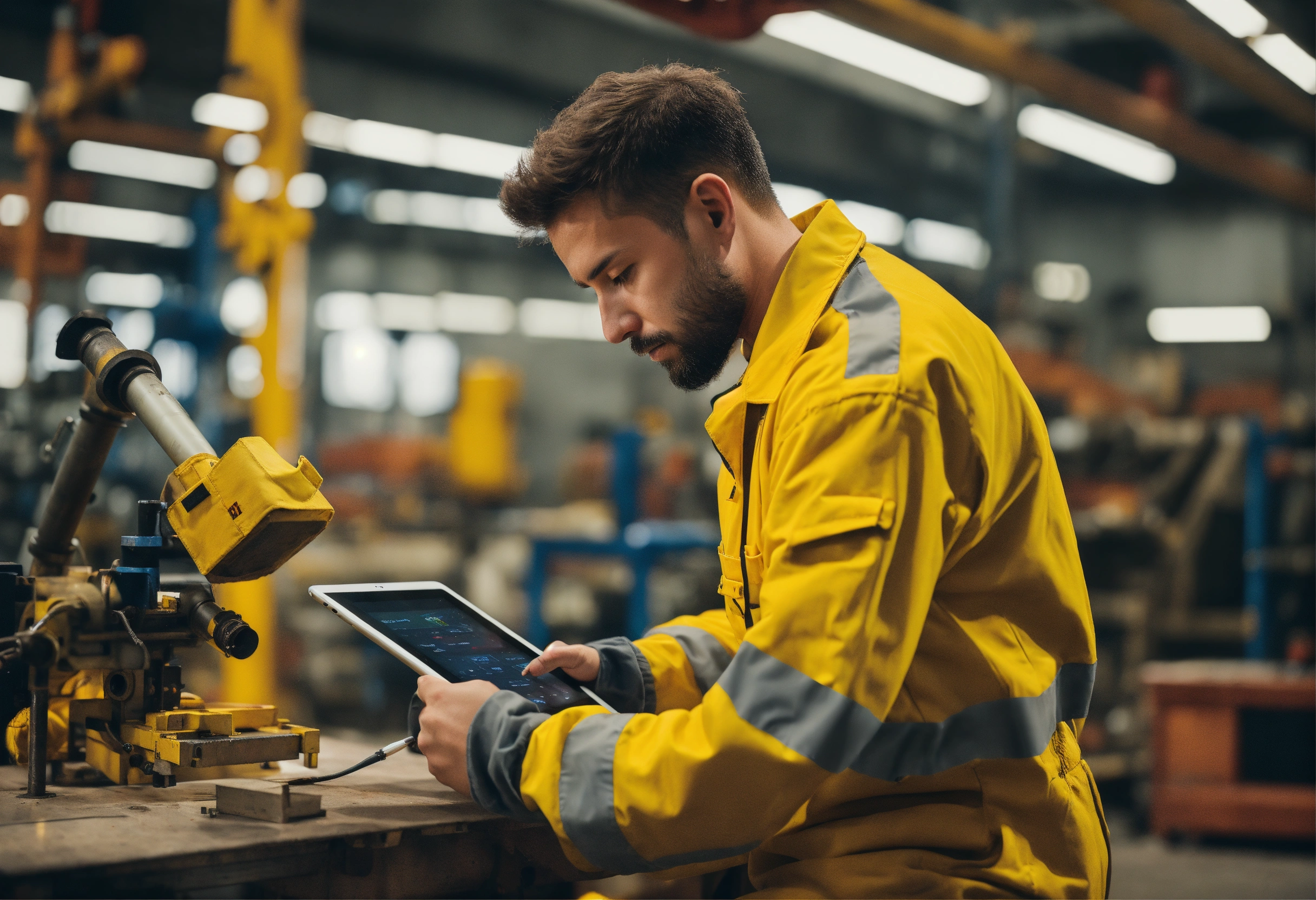 Lexica - An industrial mechanic in a yellow work suit stands in a ...