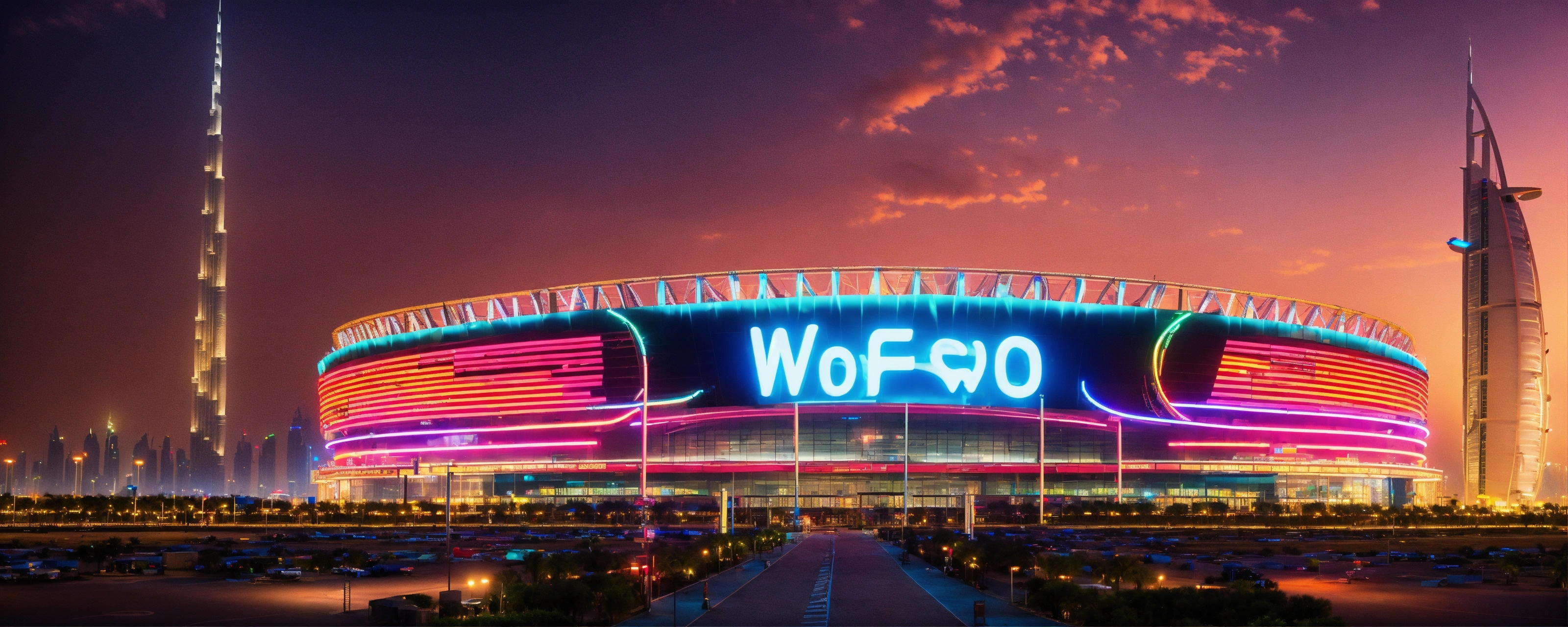 Lexica - Stadium name WOFO neon lights dubai city stadium name WOFO ...