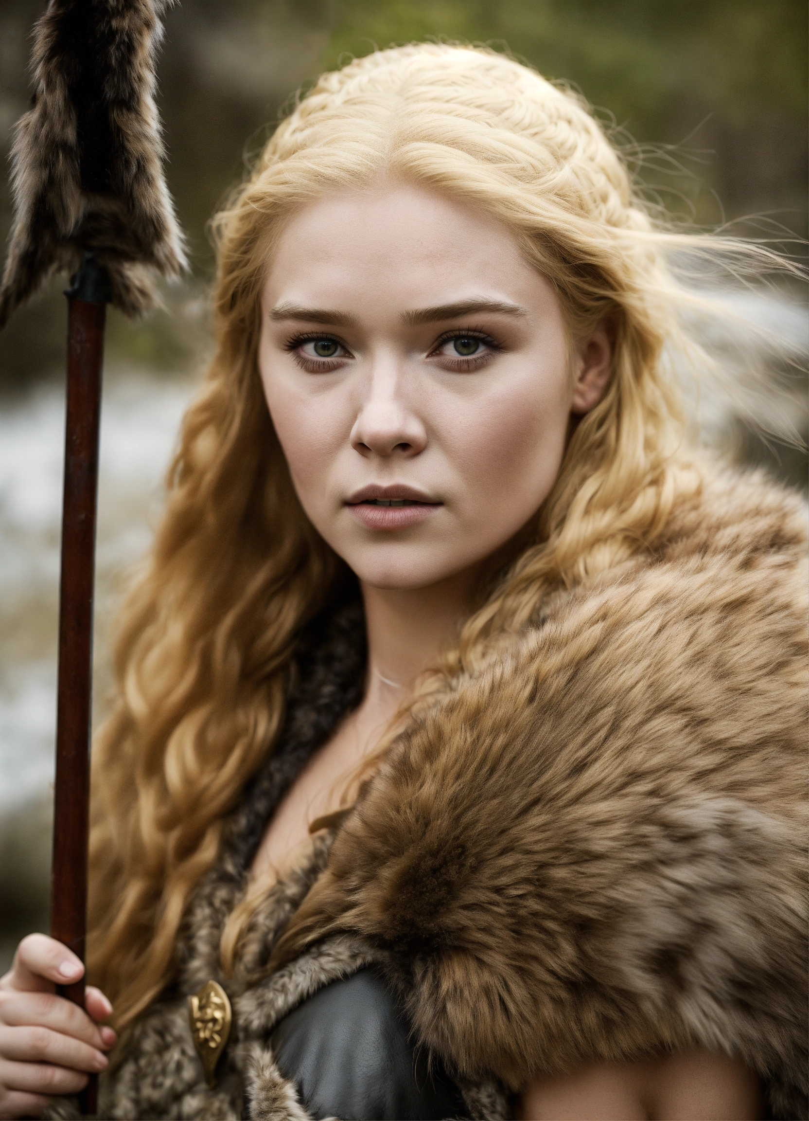 Lexica - Game of thrones blonde wildling warrior girl in furs with a spear