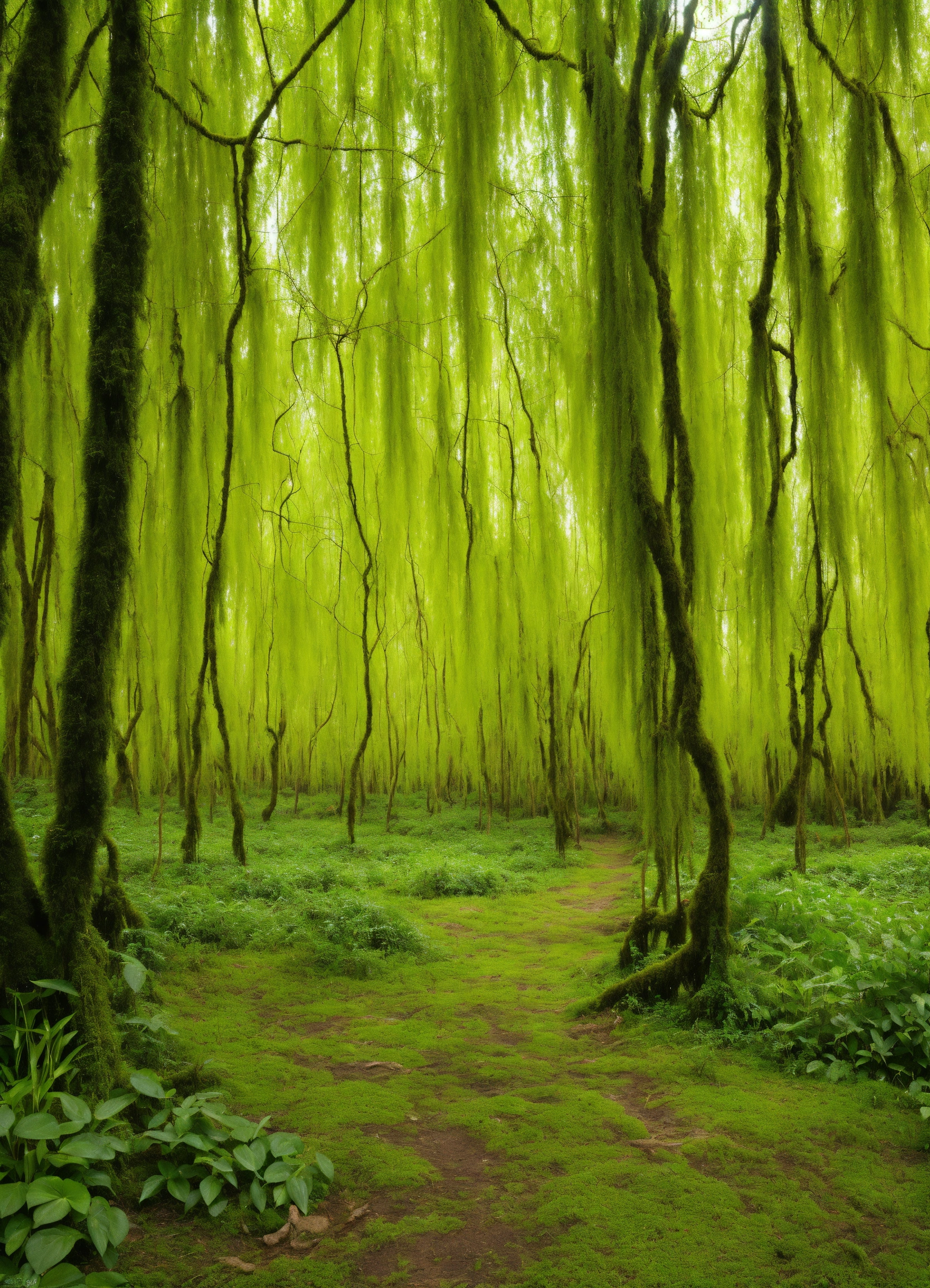 Lexica - A photo of a green forest, vines, weeping willows, moss ...