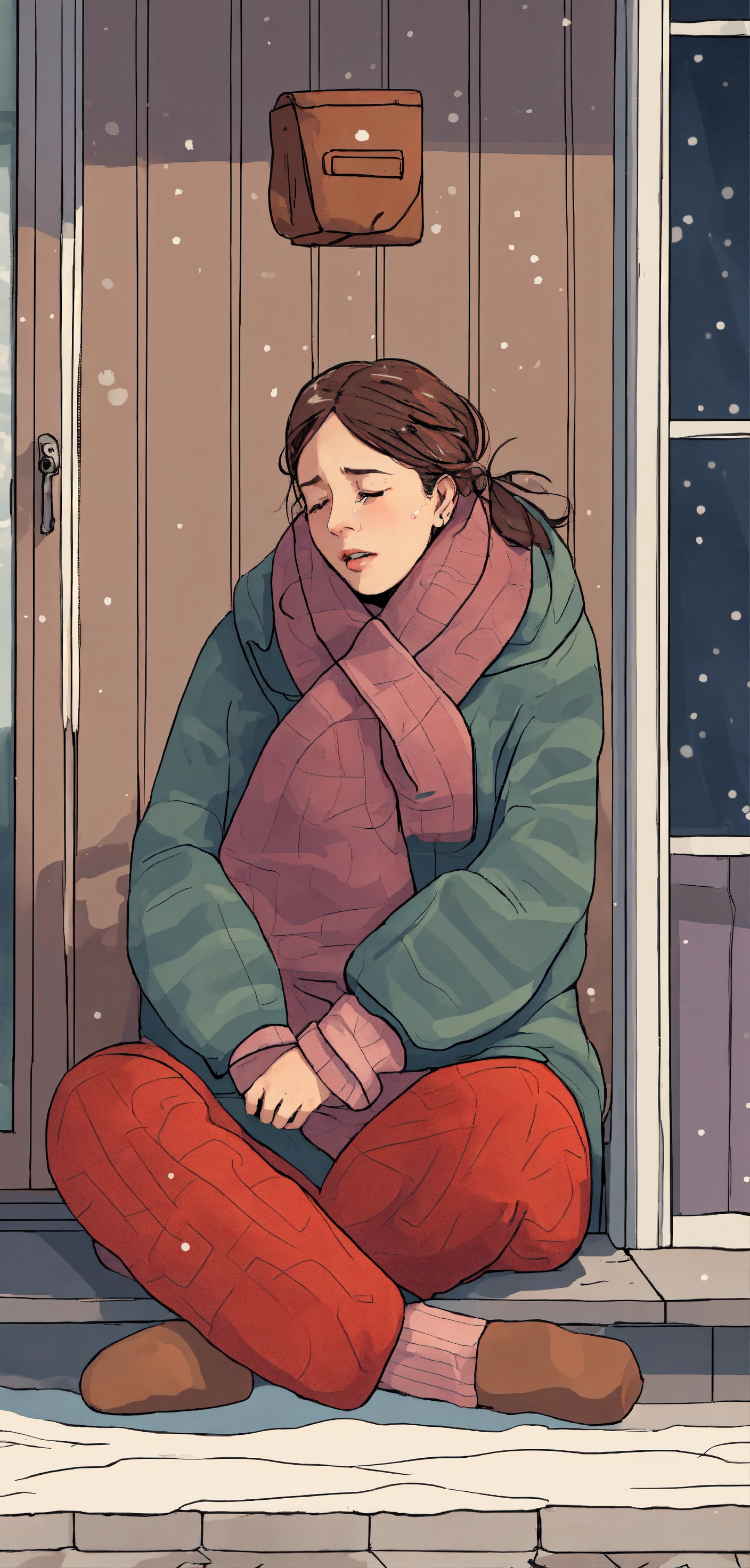 Lexica - A woman is sitting on the doorstep of a house outside in the ...