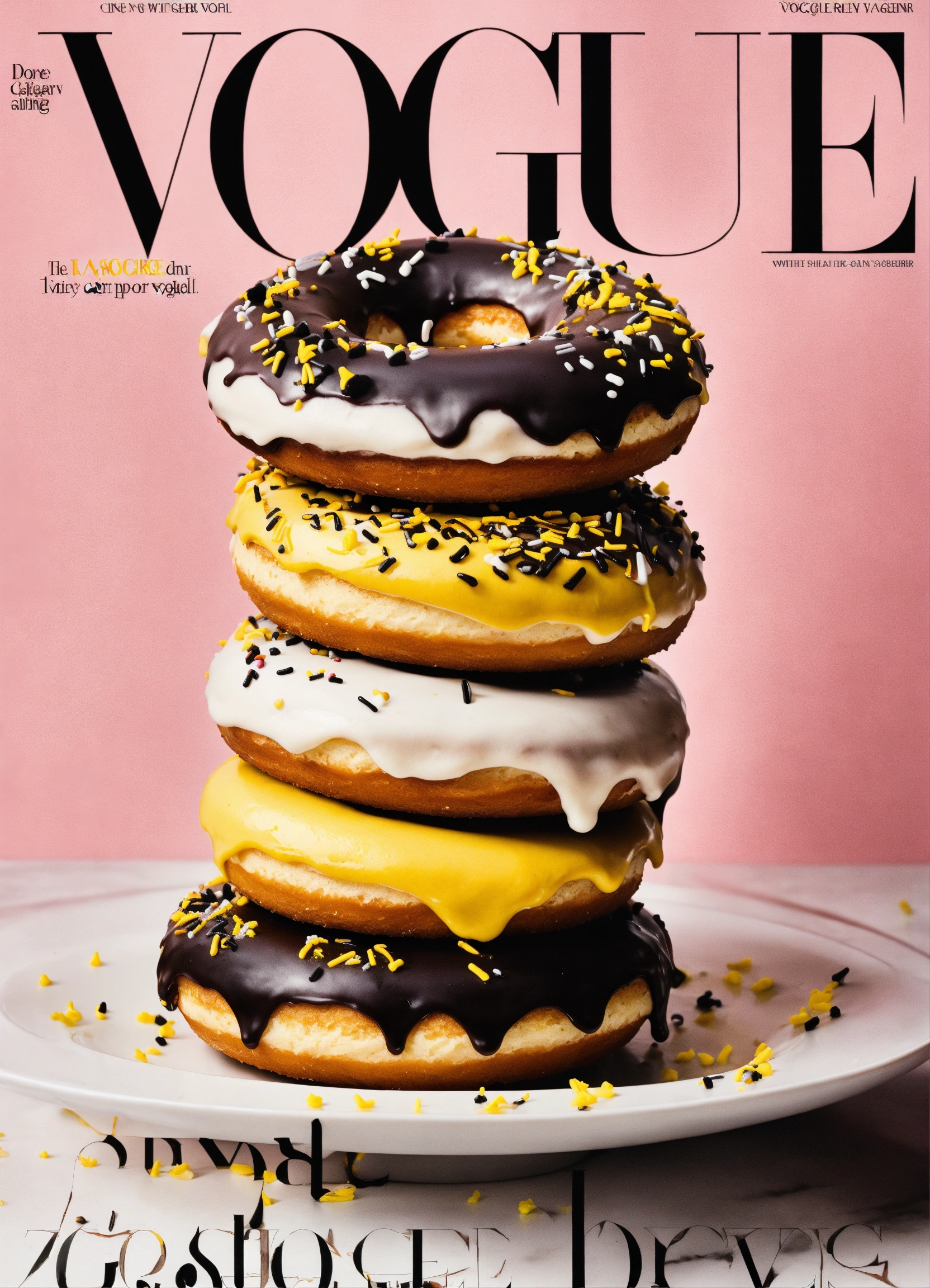 Lexica - A stack of donuts with white icing and yellow and black ...