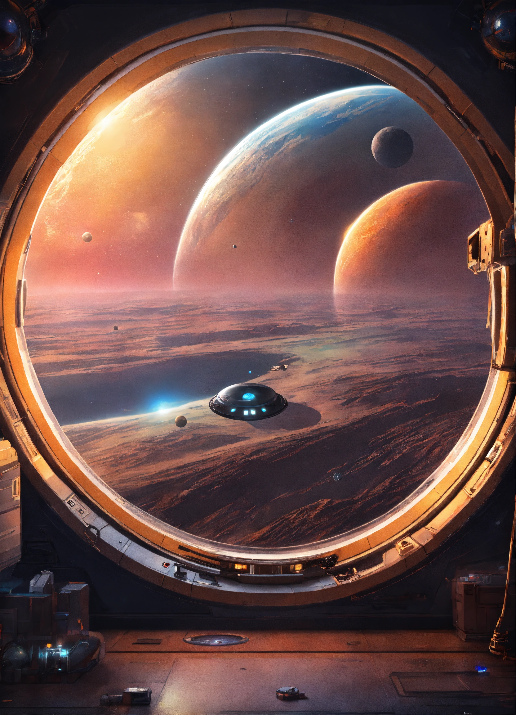 Lexica - Future spaceship, porthole, space planet. Realism