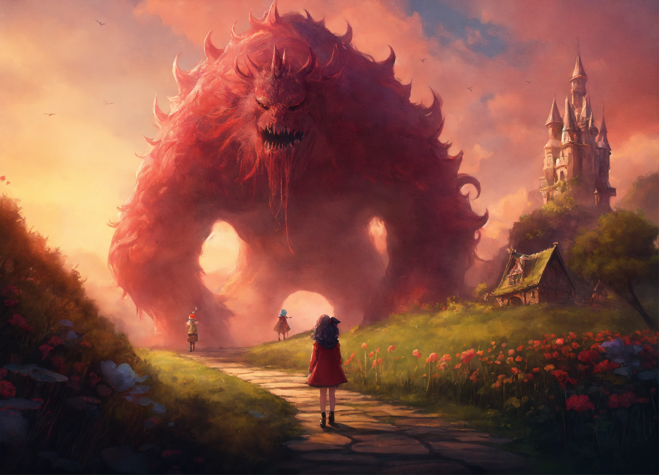 Lexica - Paysage de fantasy avec une créature monstrueuse qui rencontre ...
