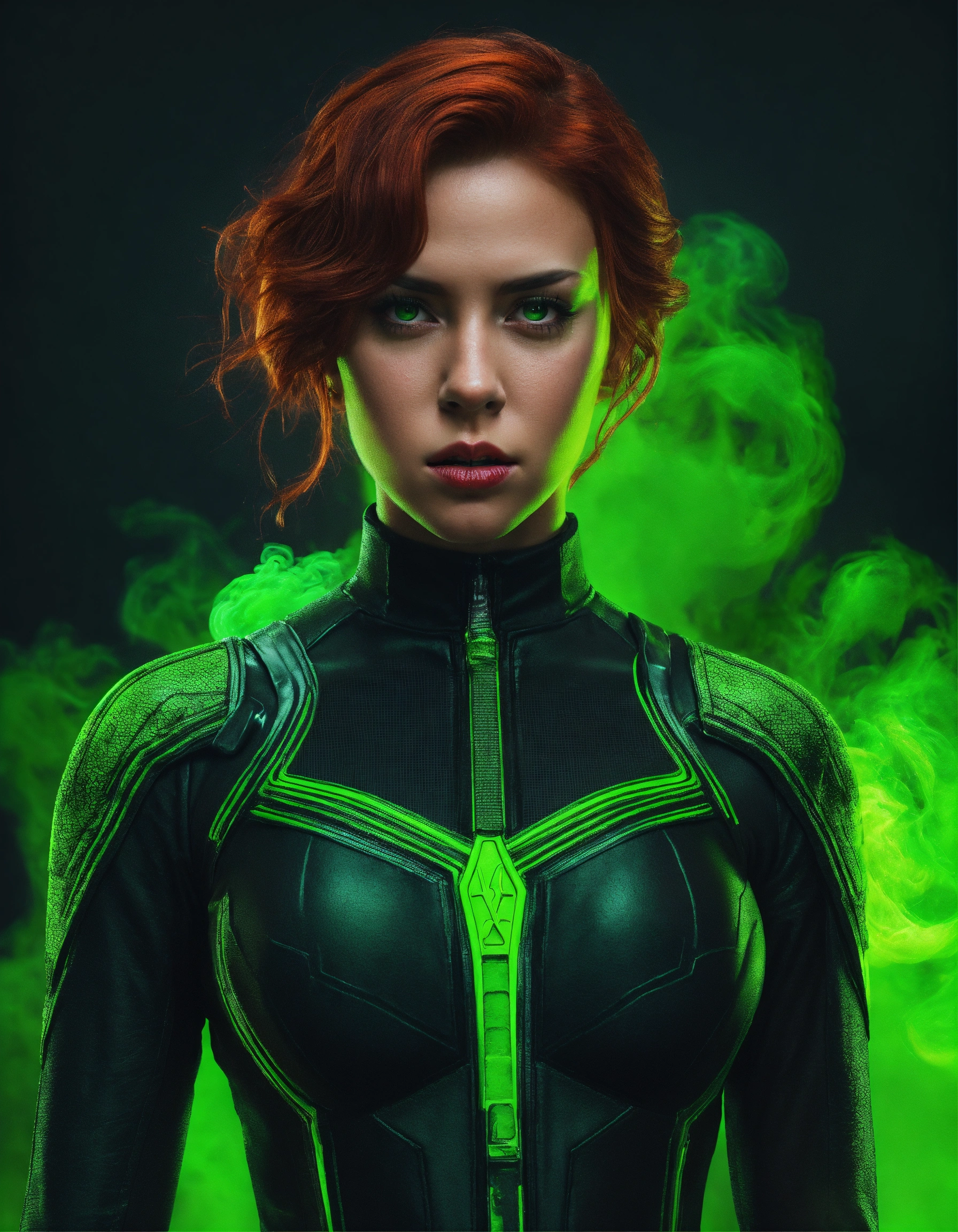 Lexica - Black widow with green smoke around her, neon green and ...
