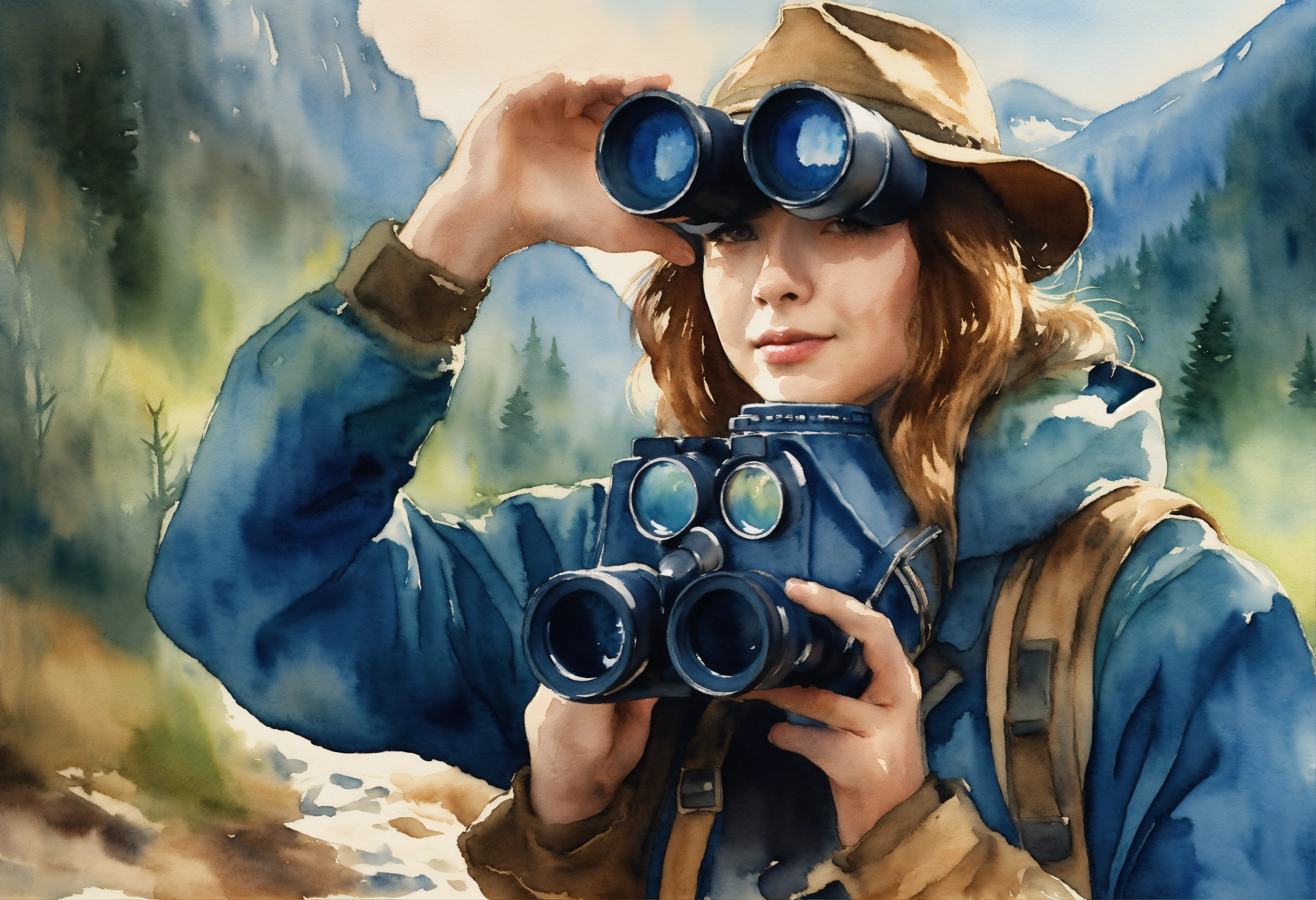 Lexica - Beautiful watercolor style blue, adventurer with binoculars ...