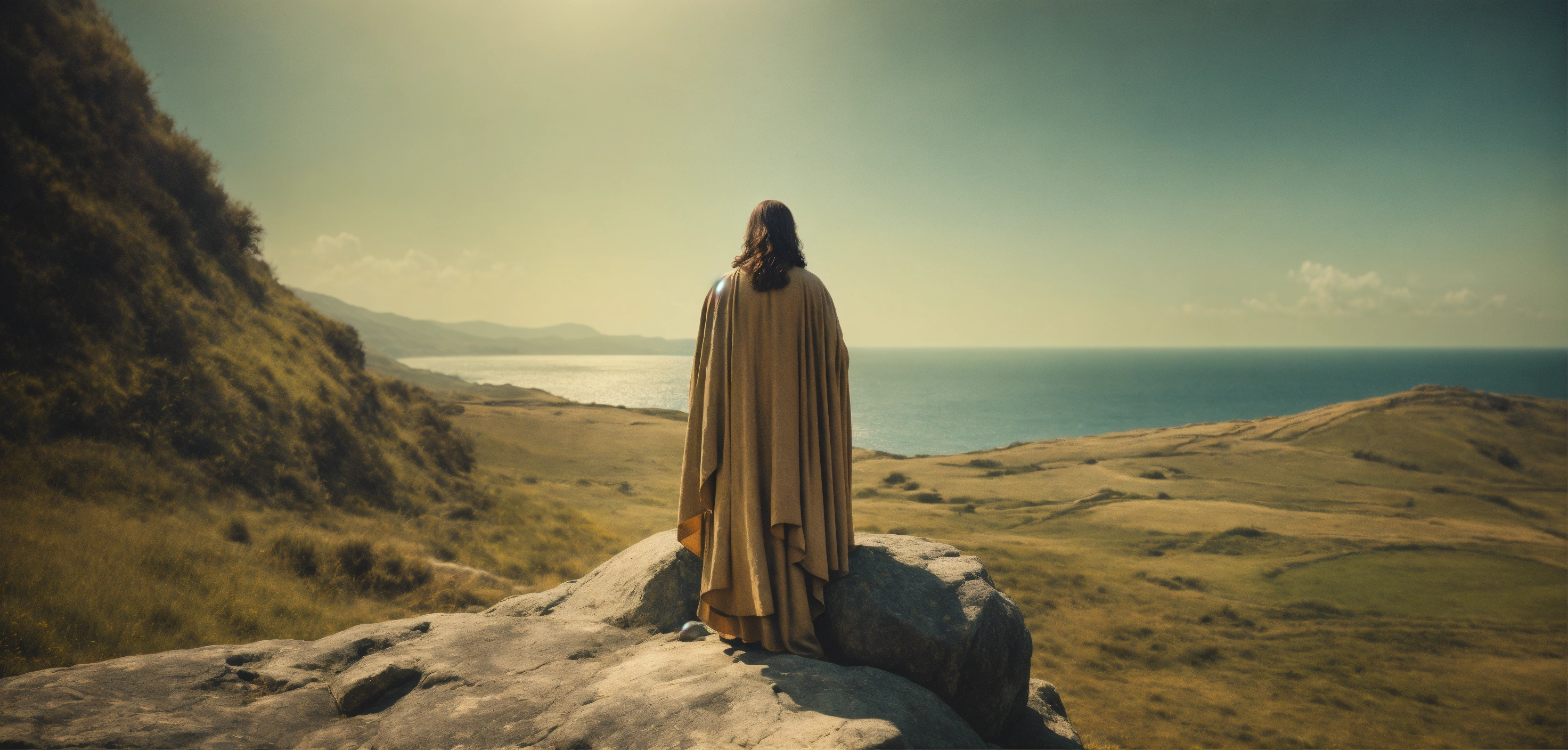 Lexica - Back view of jesus christ on a rock looking at the field ...
