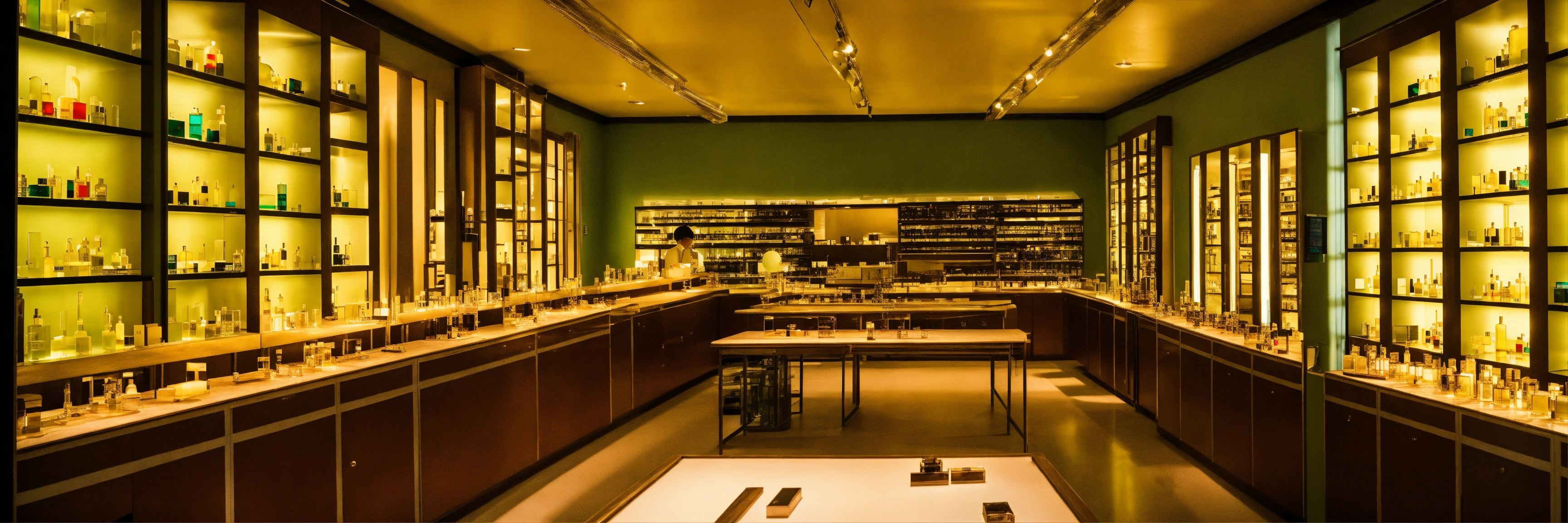 Lexica - Wide view, inside a modern perfume laboratory, perfume bottles ...