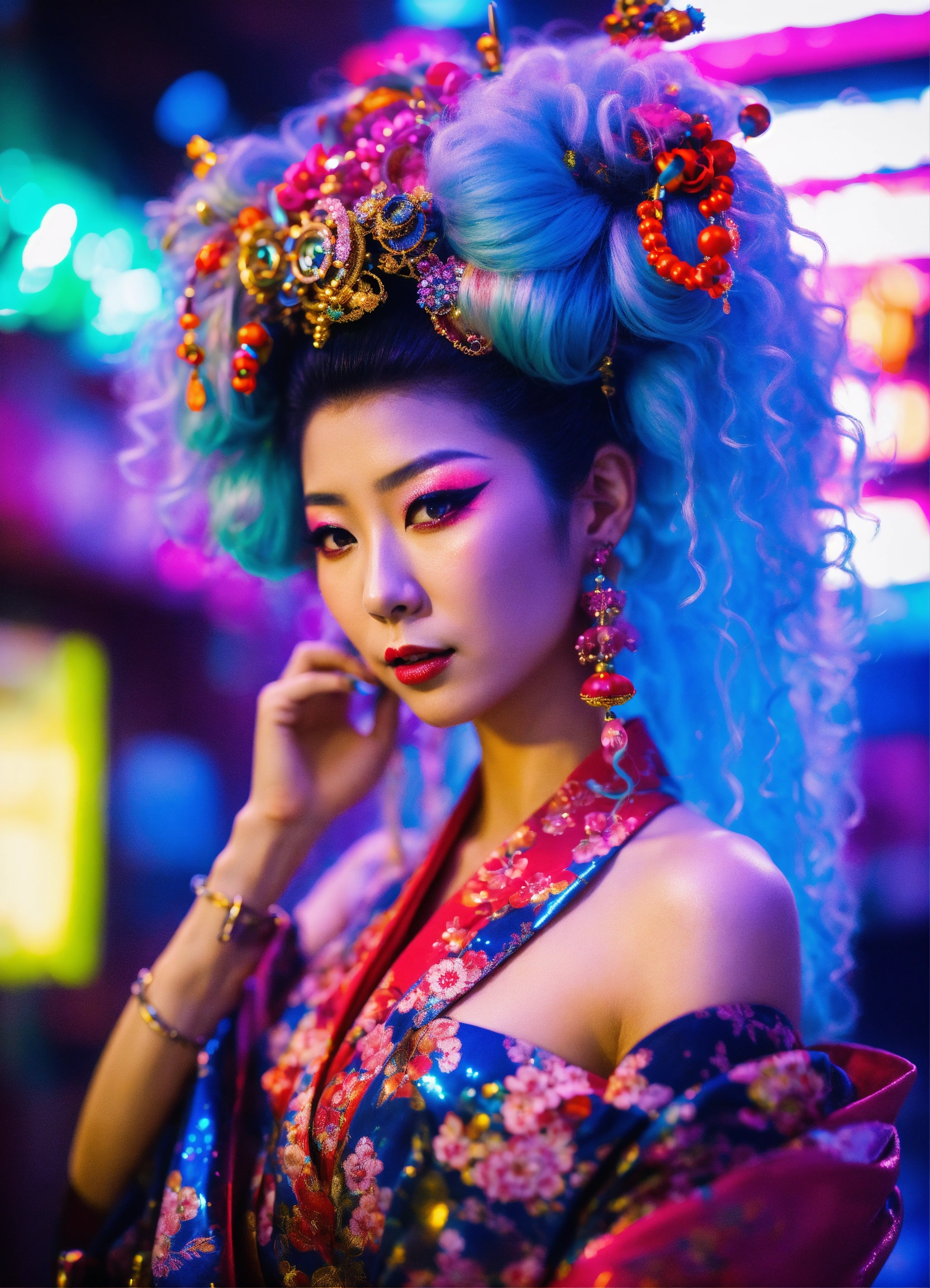 Lexica - "cyberpunk oiran", huge hair, magic, glitter, neon lights,