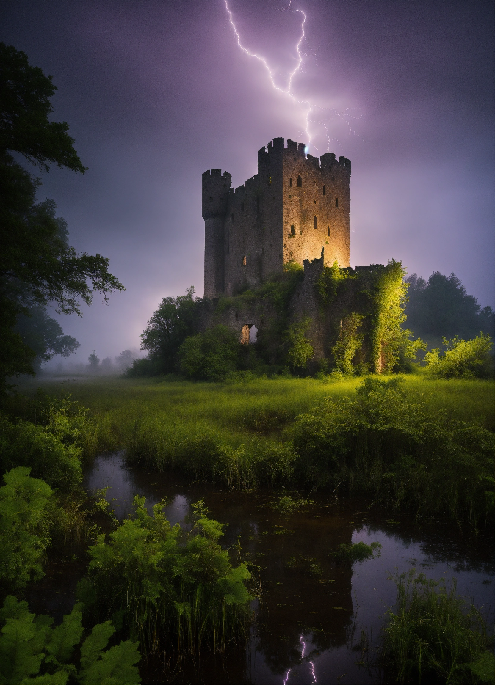 Lexica - Ruin of a stone castle in the middle of a foggy swamp ...