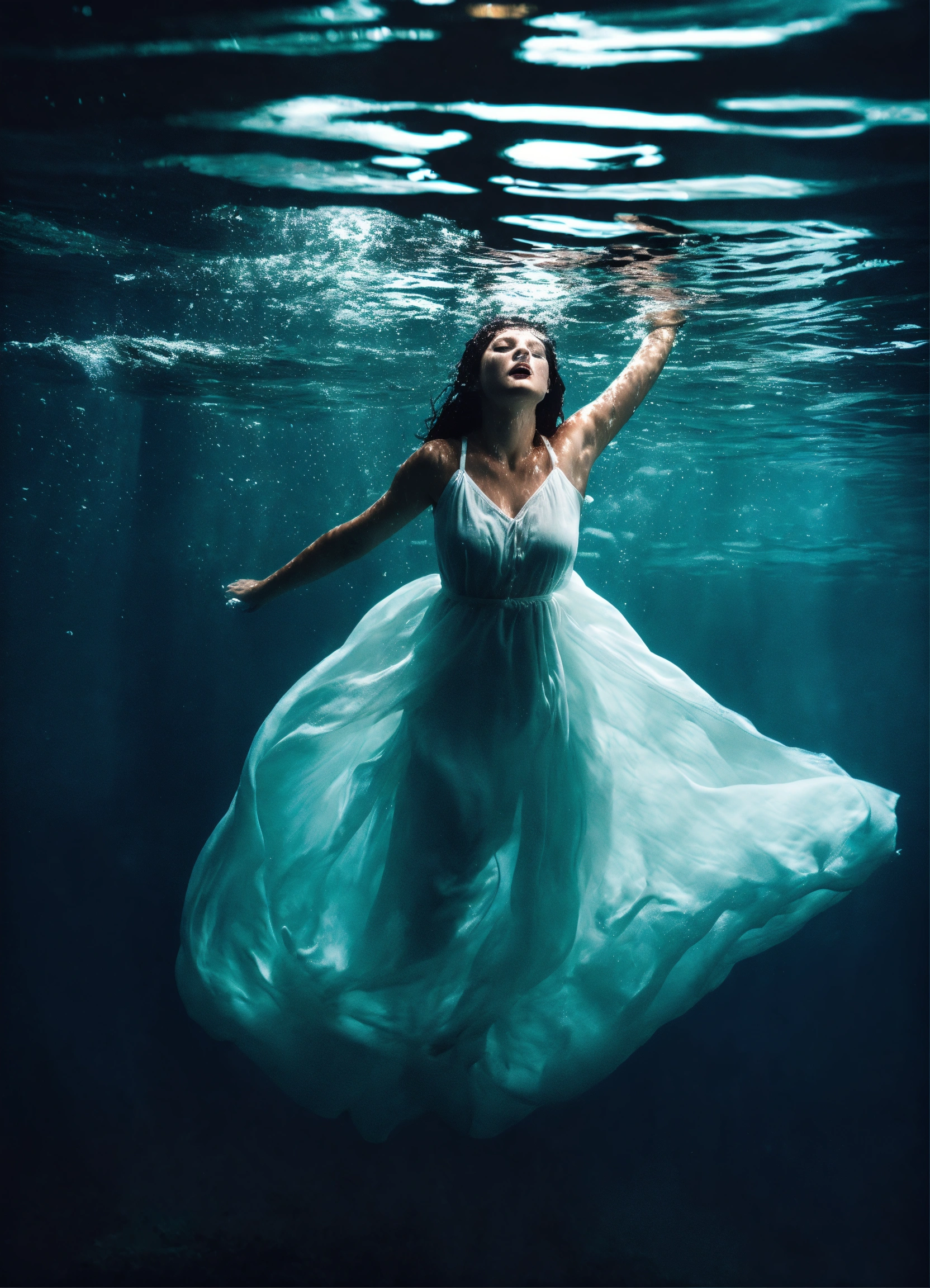 Lexica - The woman in white is drowning under water. dark. scary pictures