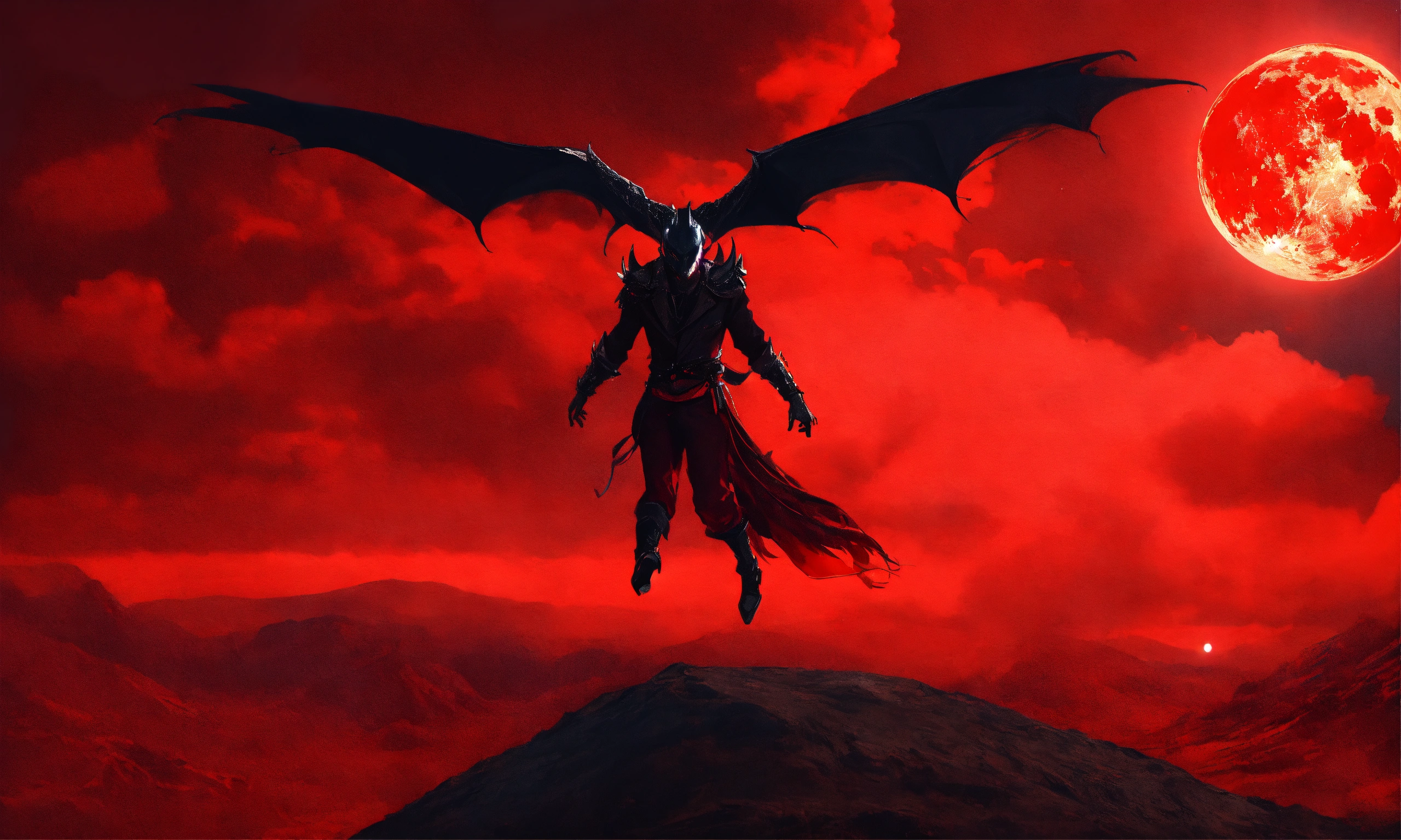 Lexica - Black-red human demon flying in the back red sky with dark moon