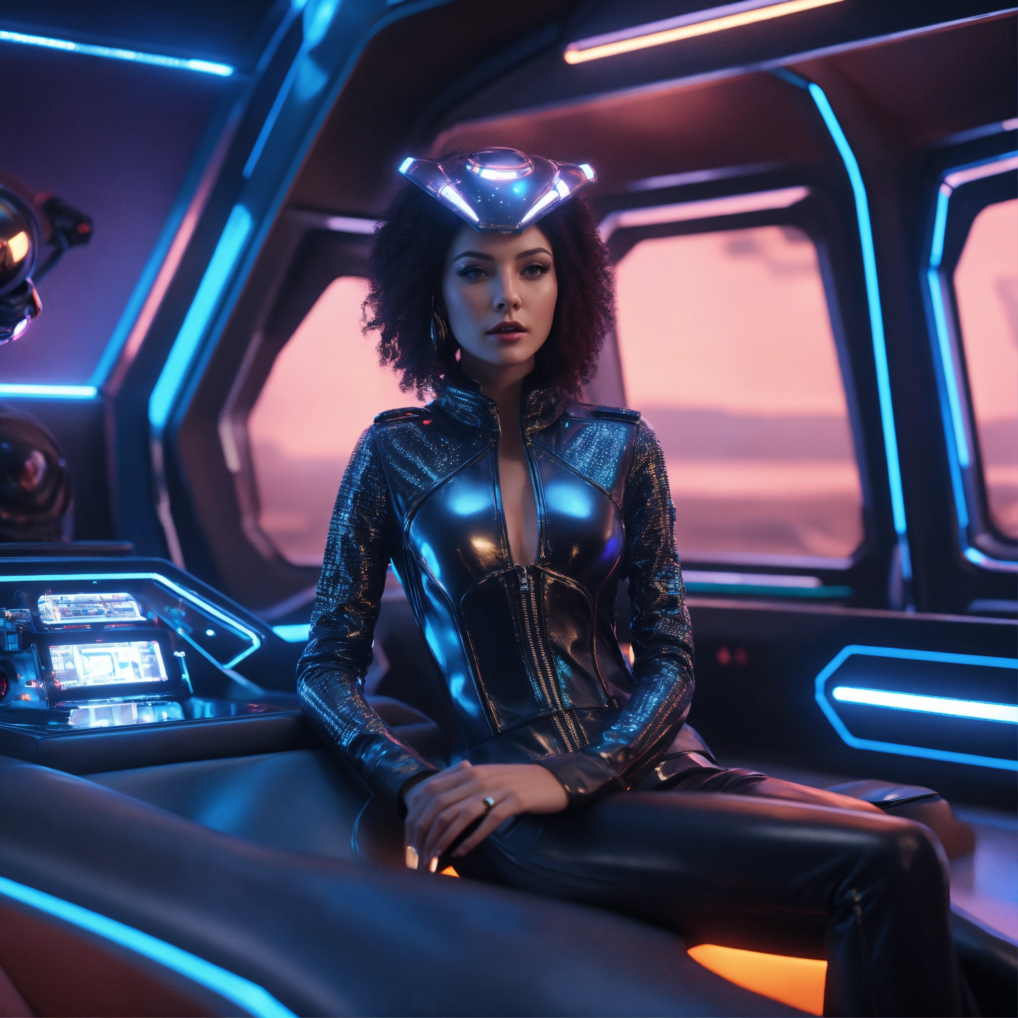 Lexica - Zoom out from a female alien rockstar wearing cool space fashion is lounging in a ...