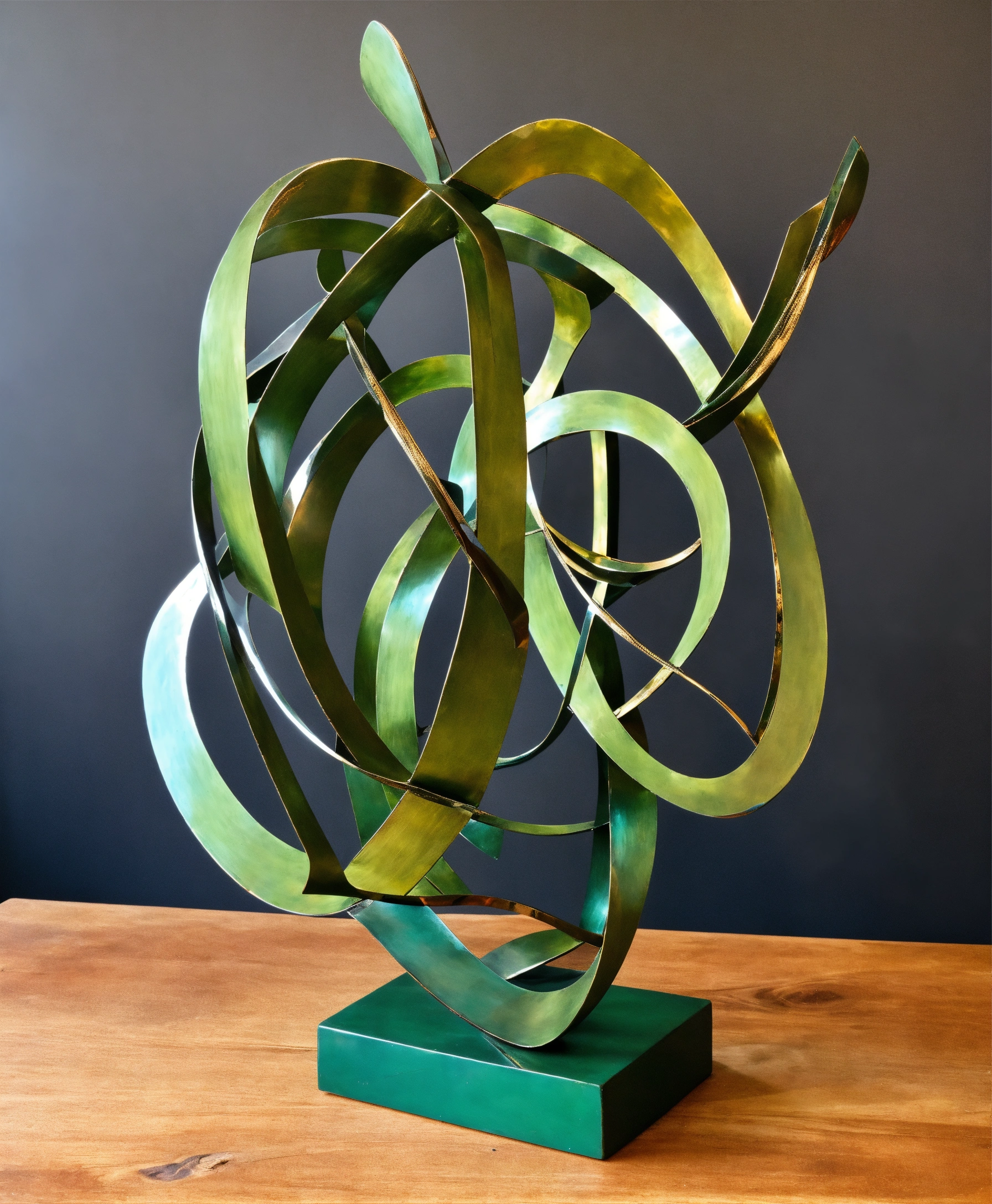 Lexica - Unique metal abstract tabletop sculpture, olive metal