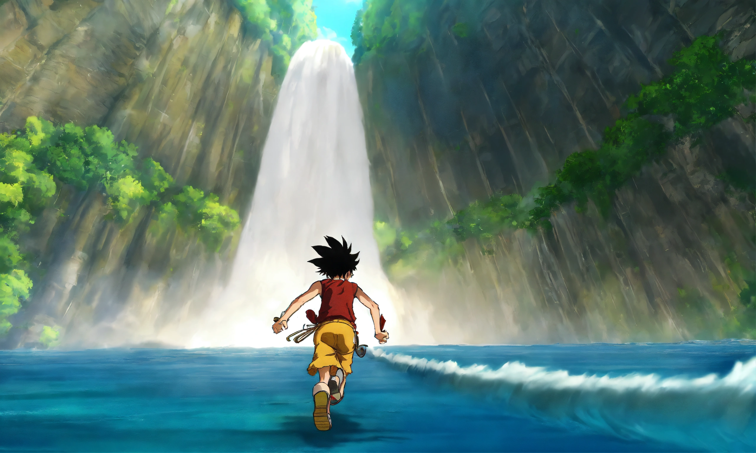 Lexica - Monkey D. Luffy running towards a large waterfall in the ...