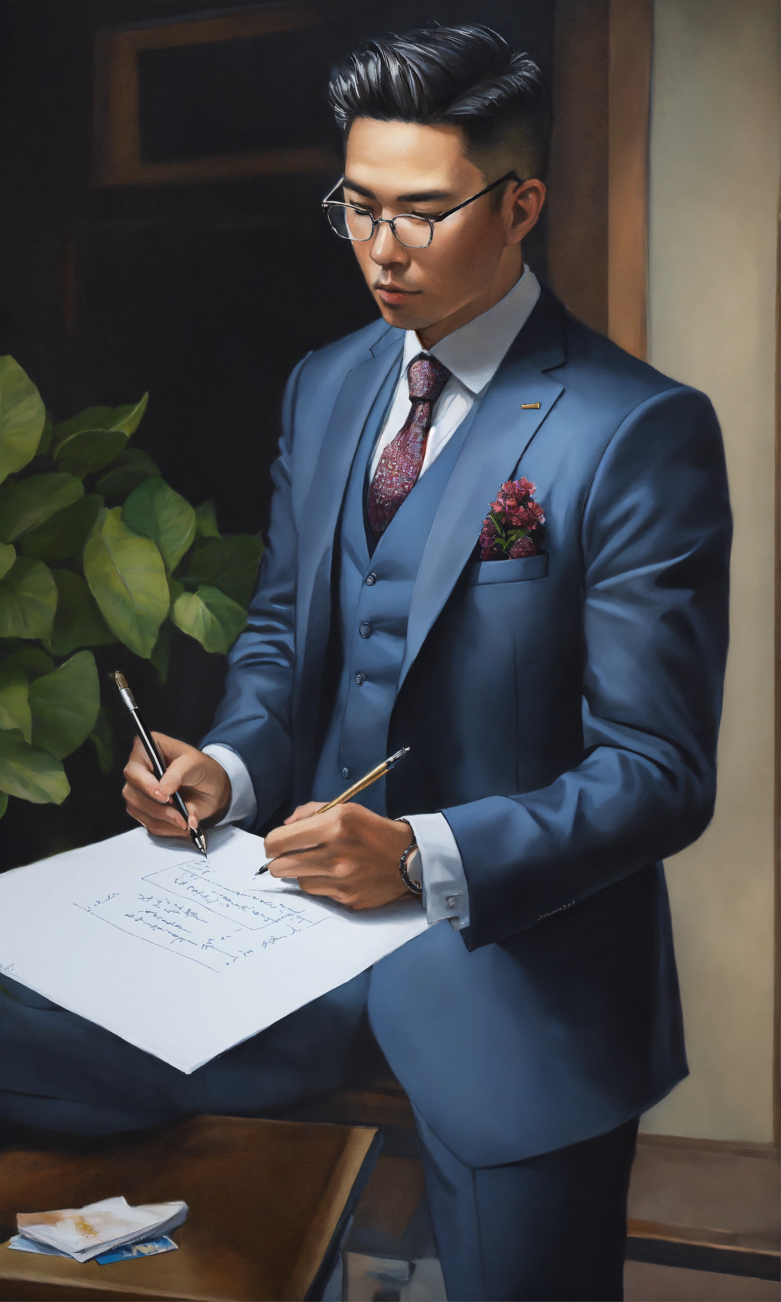 Lexica - Man in suit standing writing on a piece of paper ...