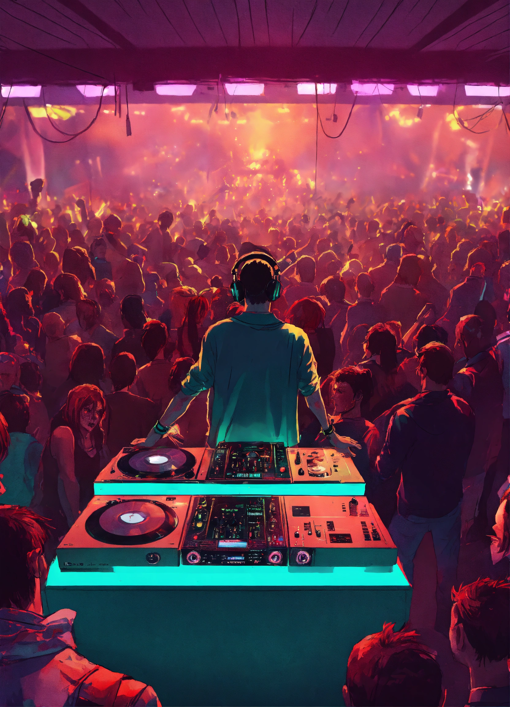 Lexica - A DJ on an elevated stage looking out over a crowded Rave ...