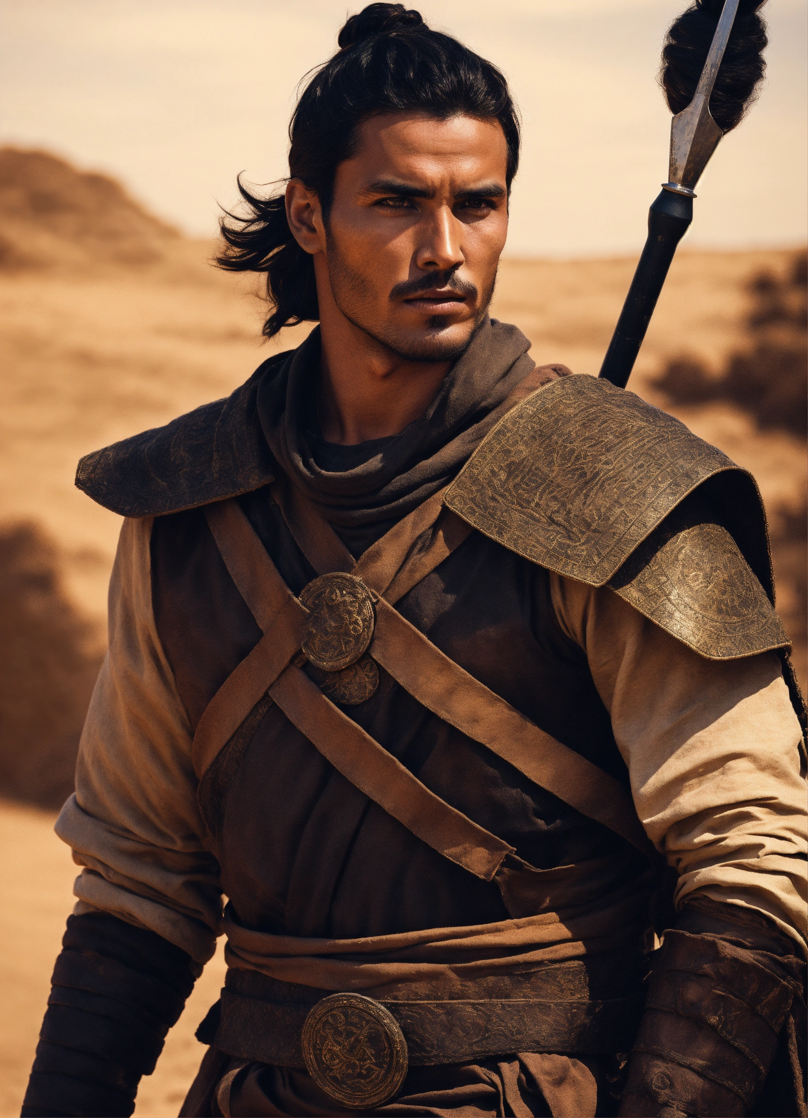 Lexica - Male warrior from the desert with shoulder length dark hair in ...