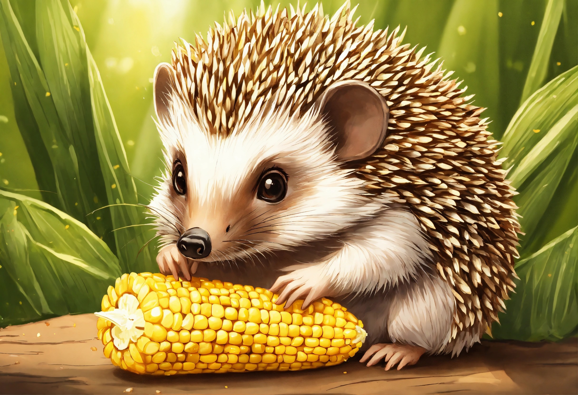 Lexica - Cartoon illustration of baby hedgehog eating corn on the cob ...