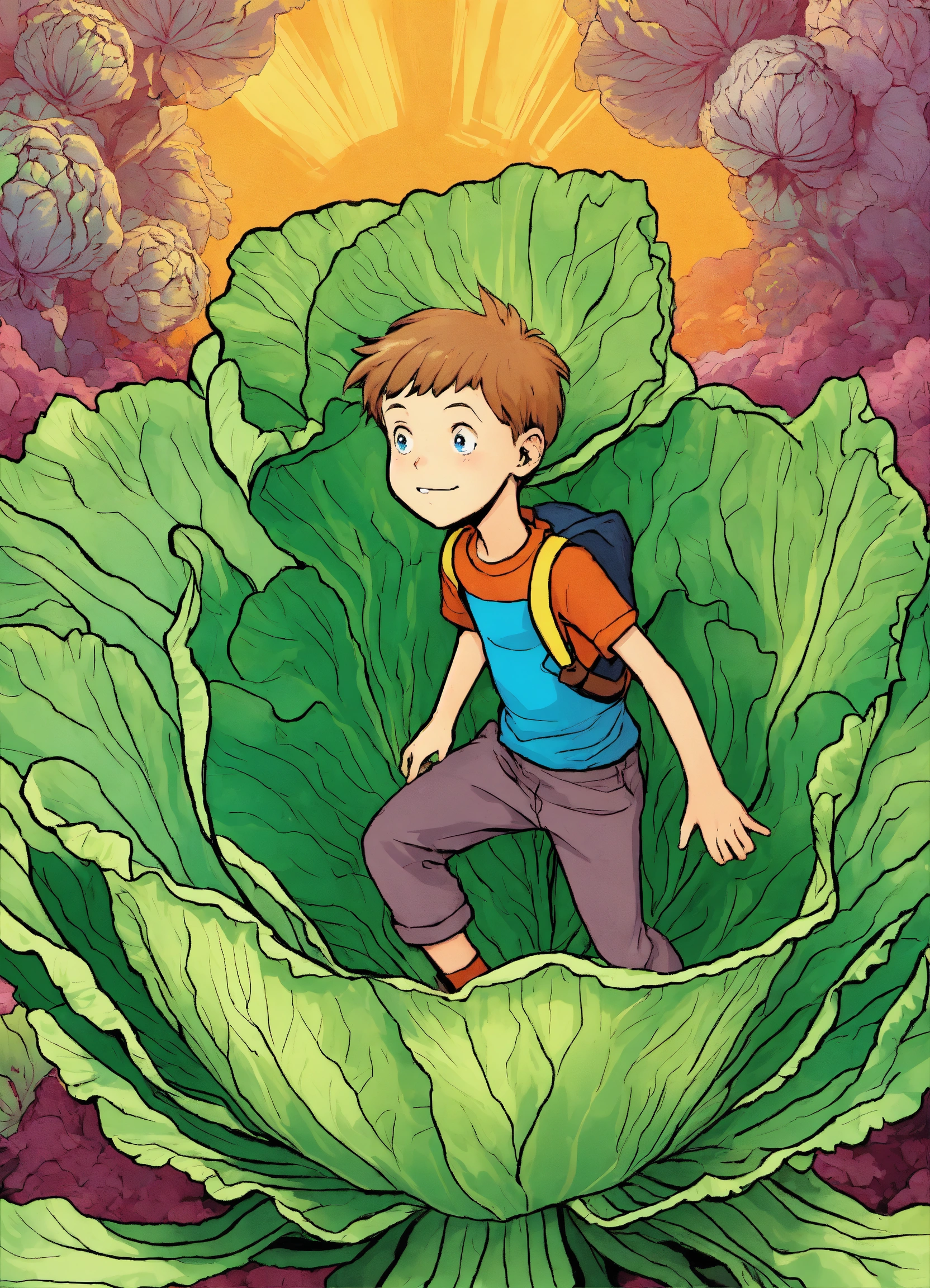 Lexica - A boy get into the cabbage. comics, psychedelic background