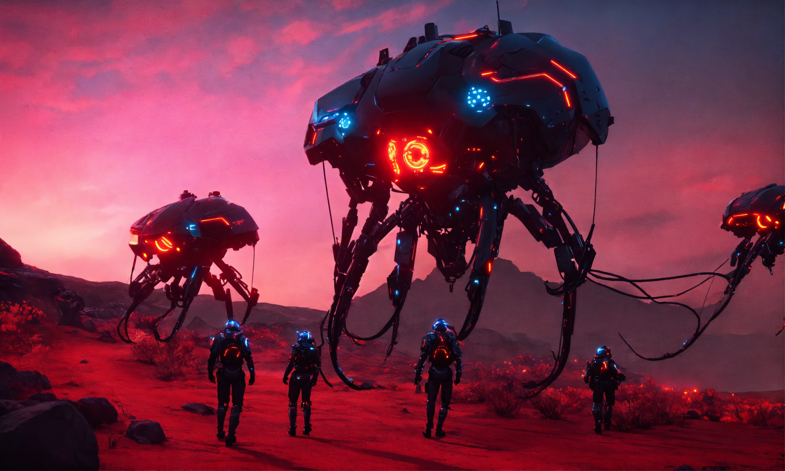 Lexica - 5 flying black patrol bots with robotic tentacles, barren ...