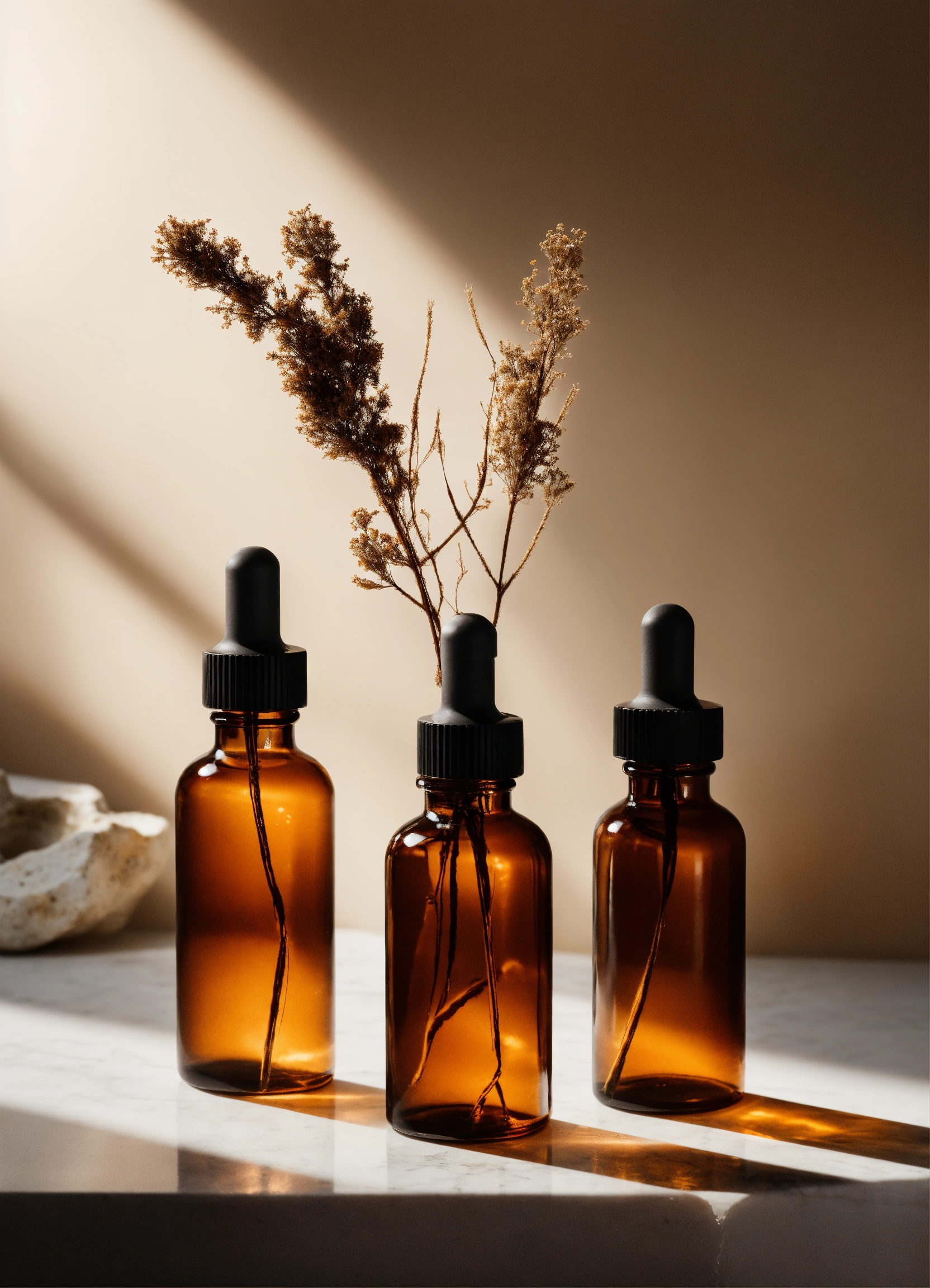 Lexica - Product photography of 3 brown glass dropper bottles standing ...