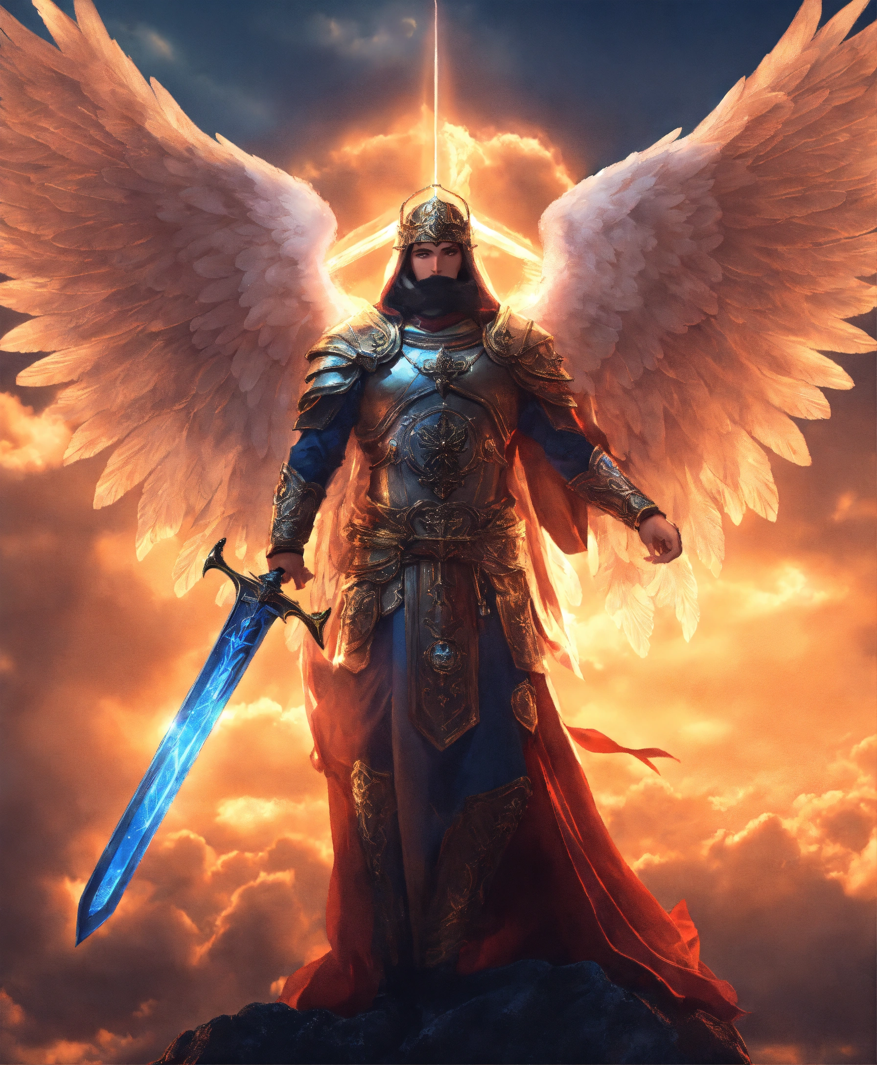 Lexica - Winged holy saint with a glowing aura and a sword. Cloud ...
