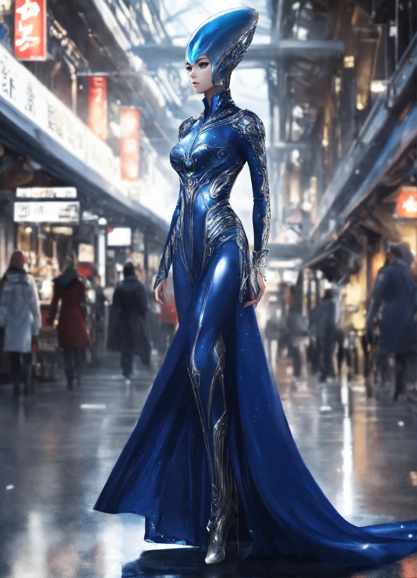 Lexica - A Alien, Alienrace female Alien_goddess beauty longdress colore navy blue shiny white ...