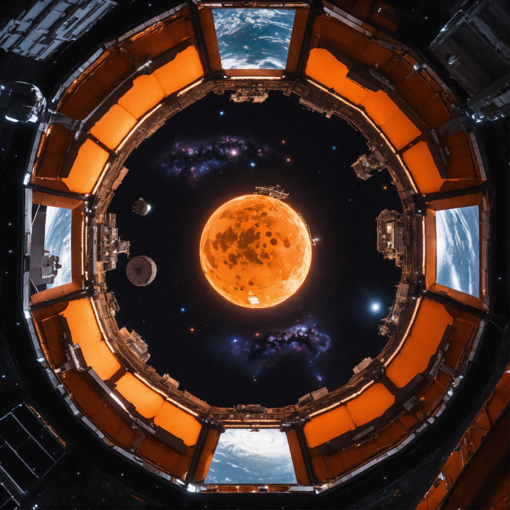 Lexica - Entire giant orange space station in dark space from top with ...