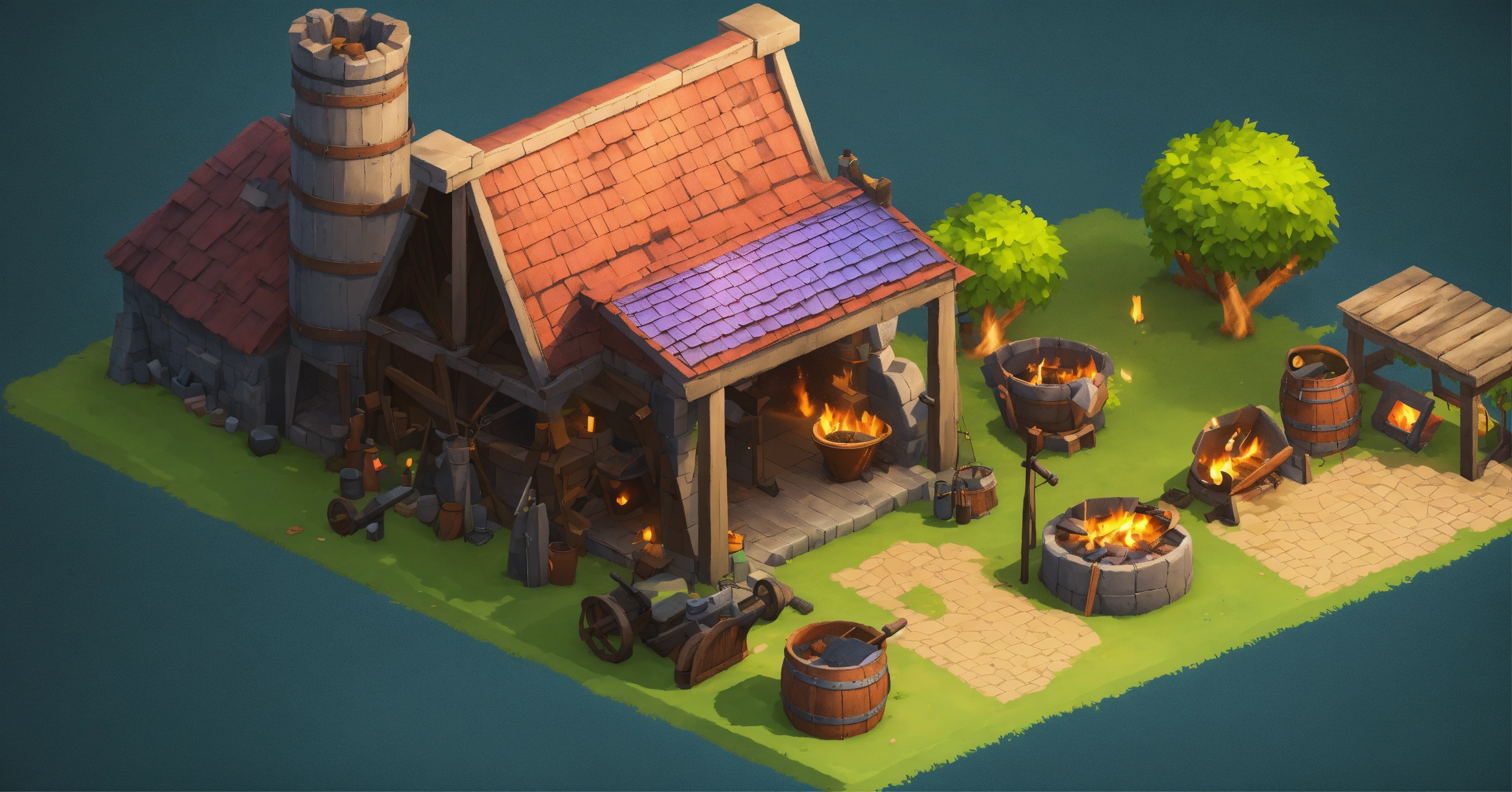 Lexica - Game art, blacksmith forge, isometric, full view, outside view ...