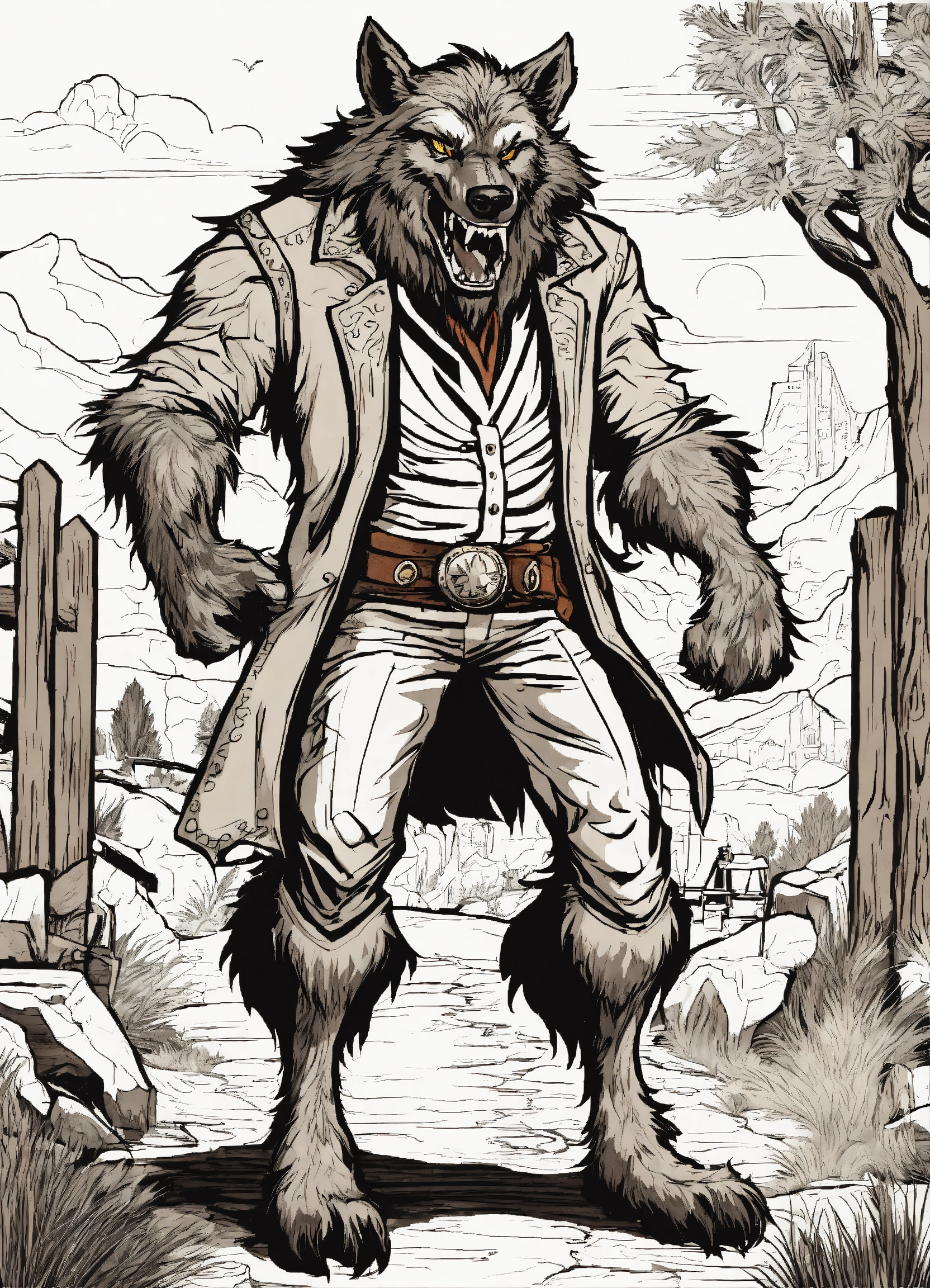 Lexica - Werewolf wild west, cartoon line art