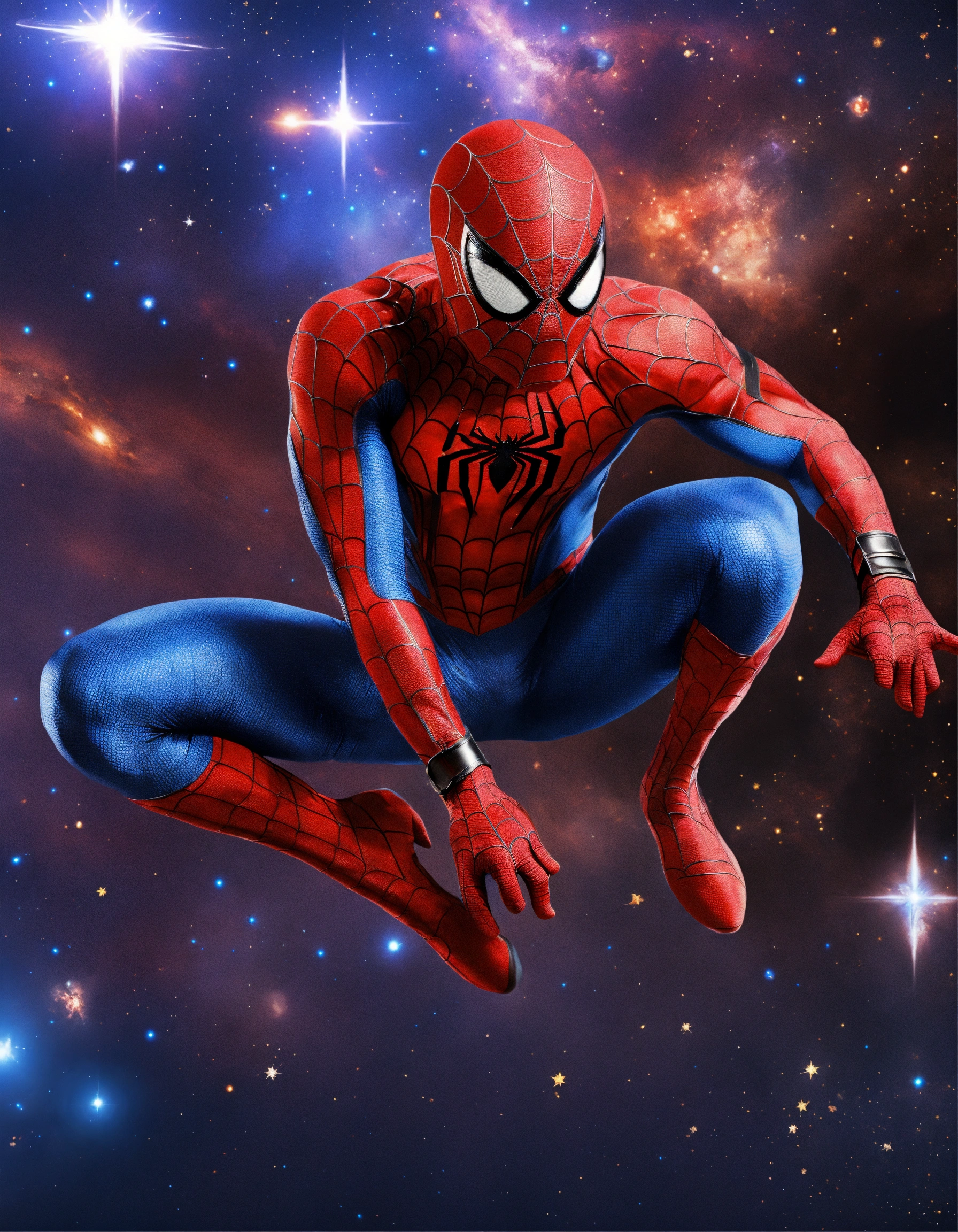 Lexica - Spiderman realistic, front look, space background with stars.