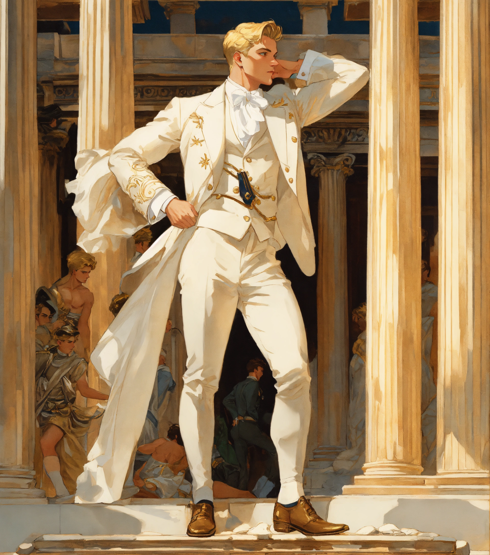 Lexica - A blonde male dandy in white vested suit, putting a hand in ...