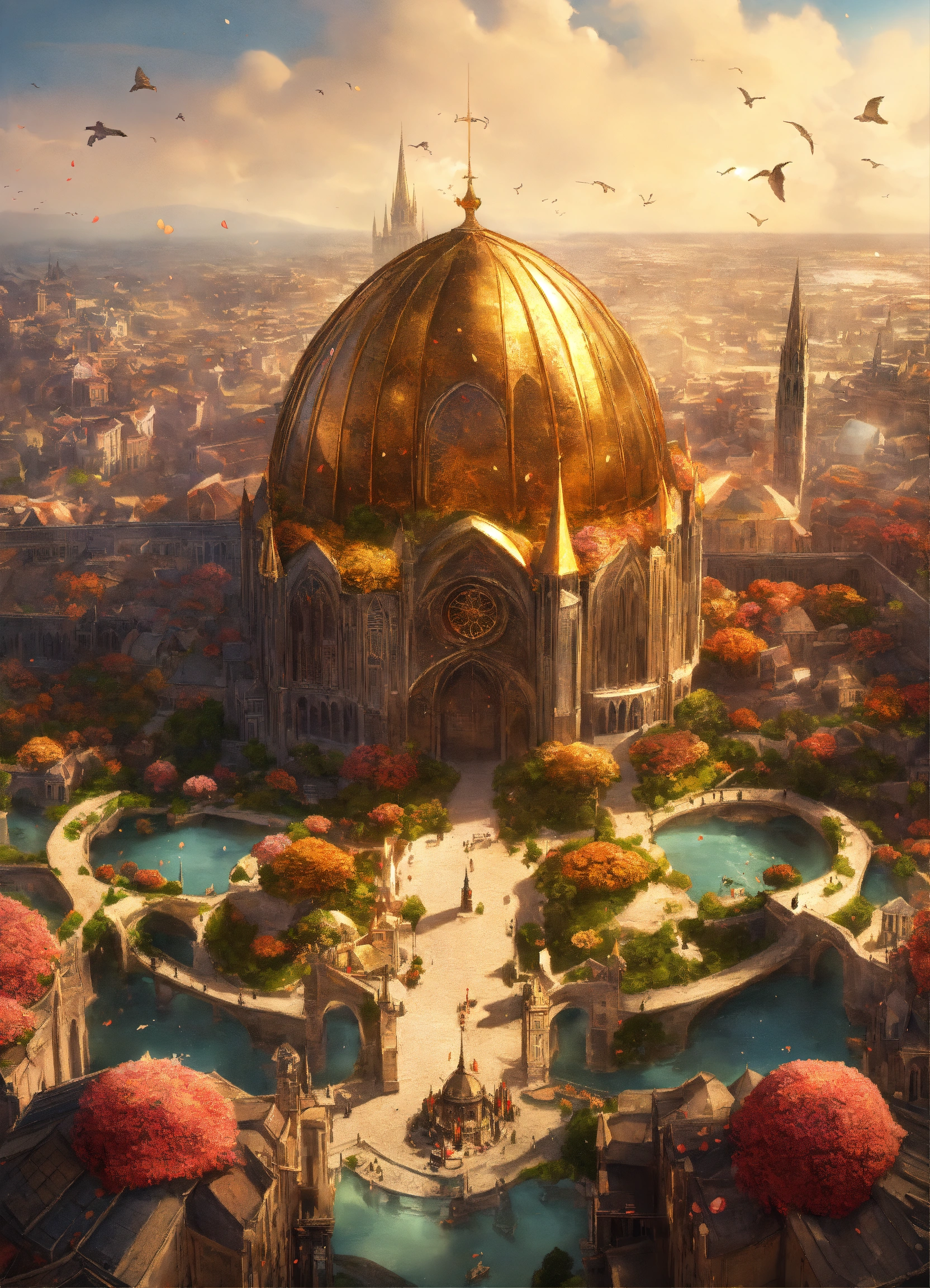 Lexica - Bird-view of a small fantasy city, in the middle is a building ...