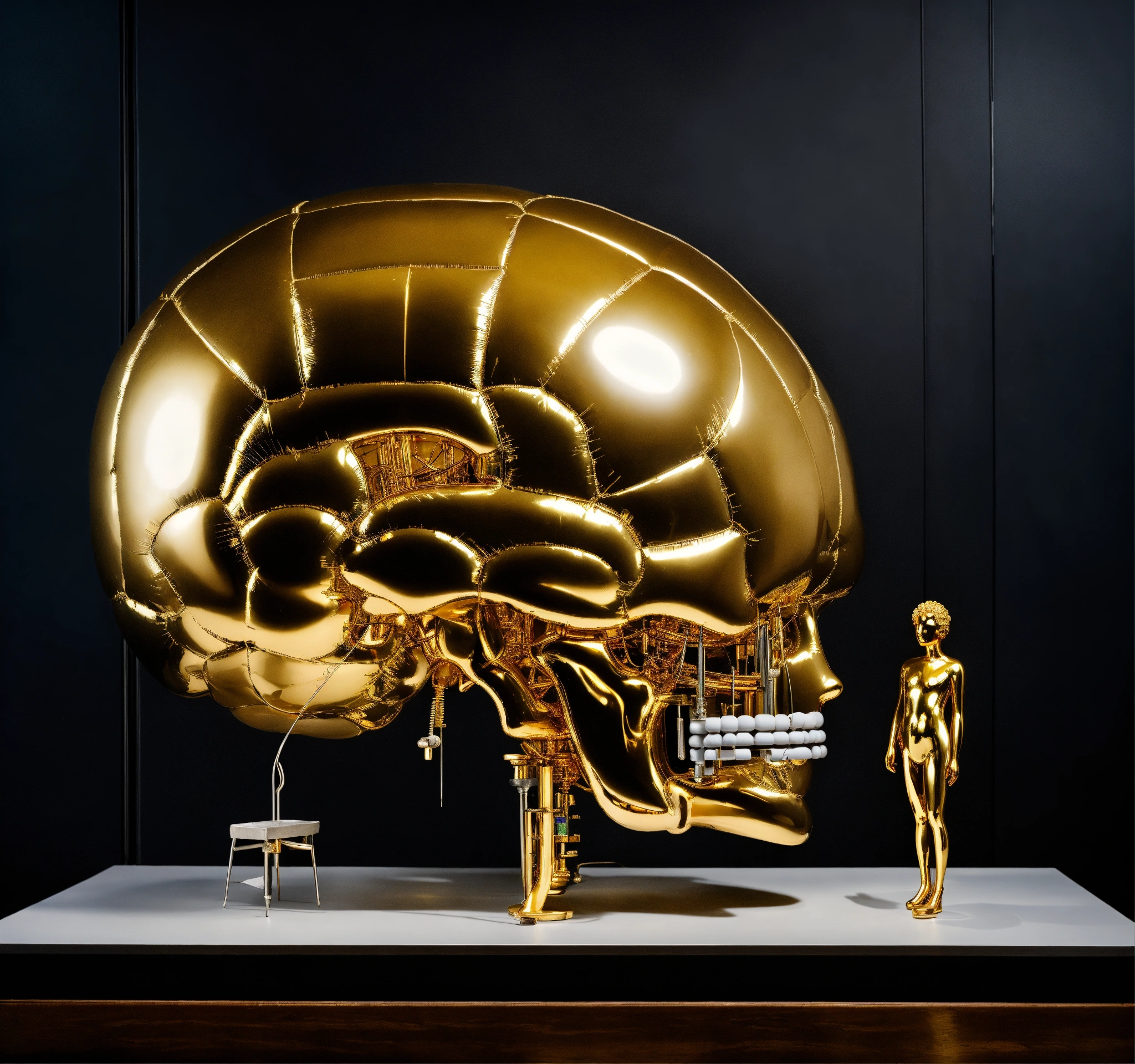 Lexica - A huge human body-like golden brain balloon floating over ...