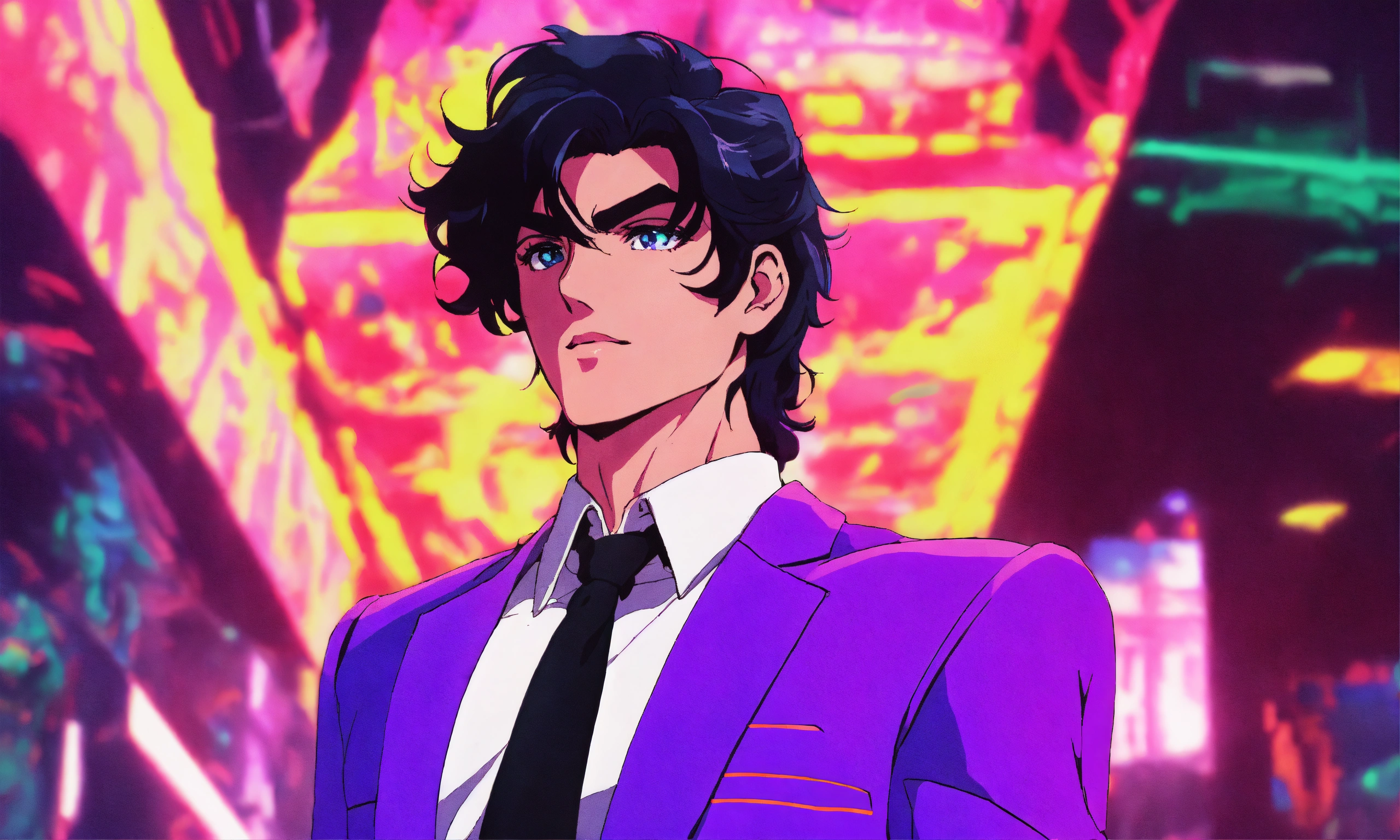 Lexica - 80s anime style, man with dark hair in purple suit, in ecstasy ...