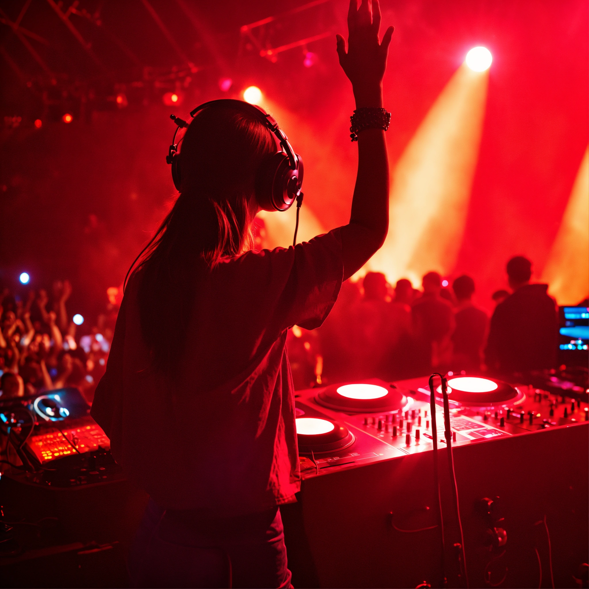 Lexica - Woman DJing at a concert, bright red light behind her, hands ...